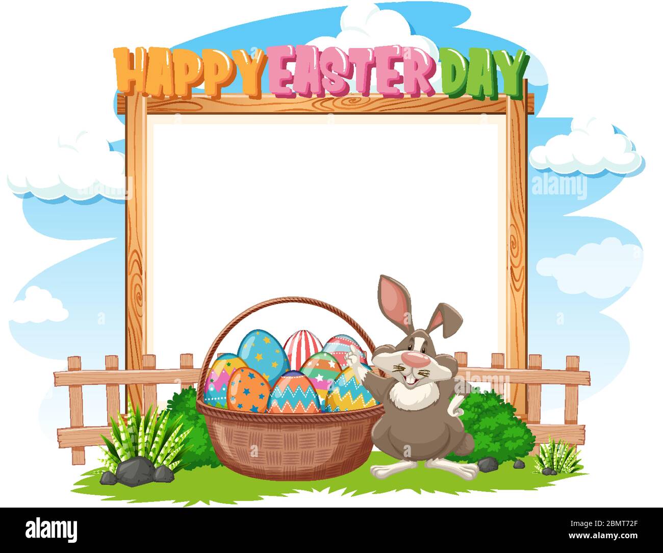 Border template design with Easter bunny and eggs in garden ...