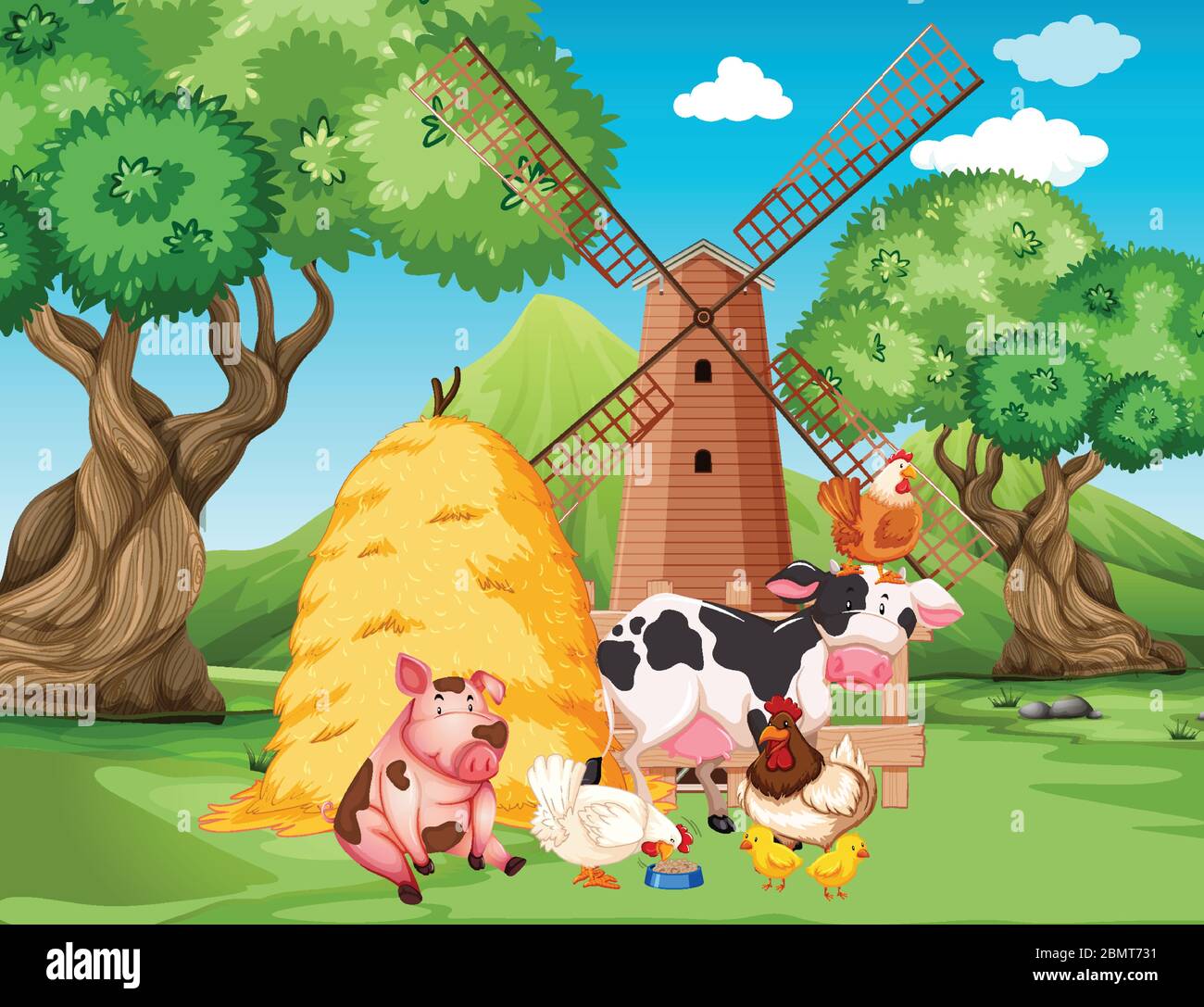Farm scene with farm animals and windmill on the farm illustration ...
