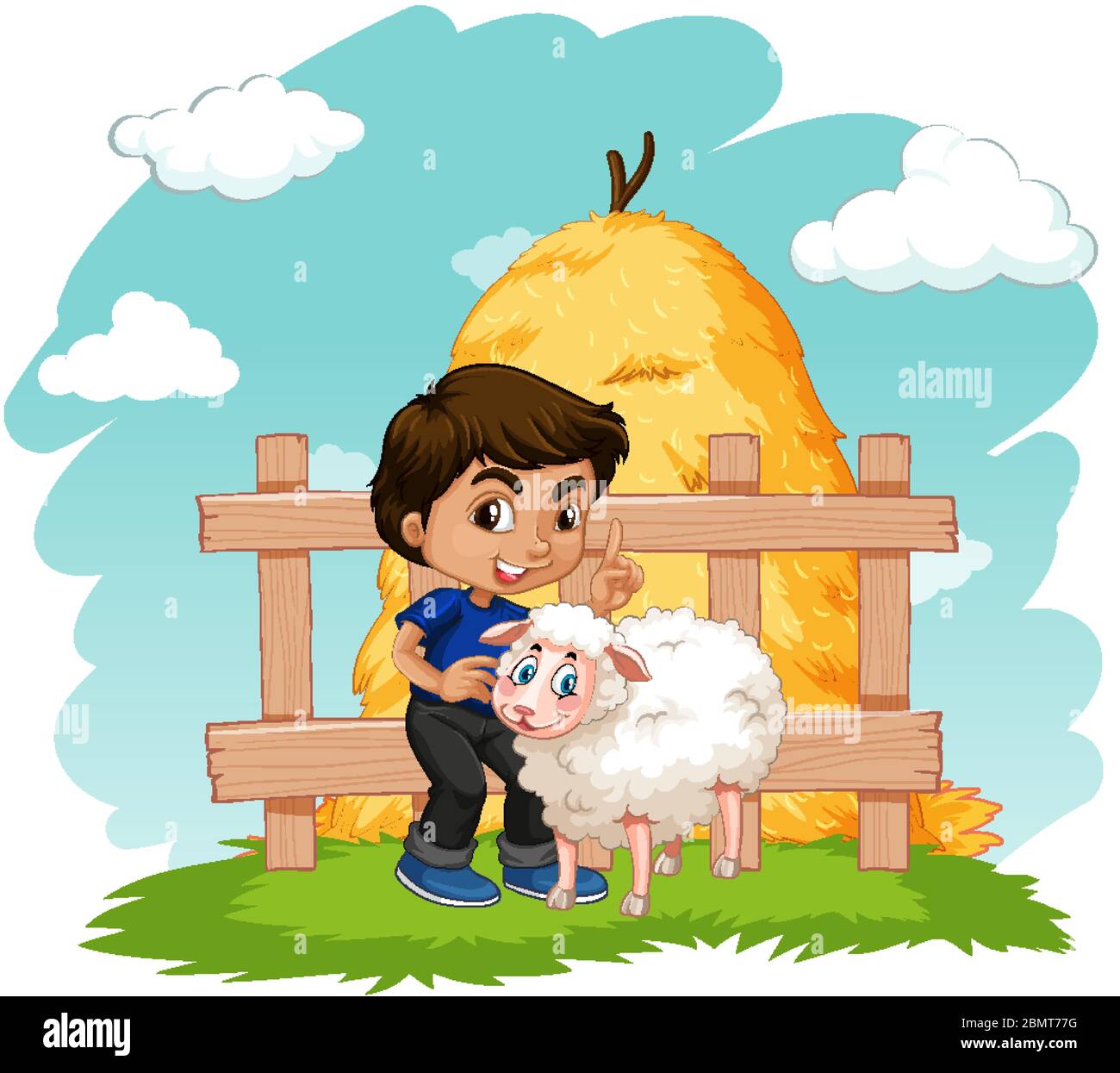 Scene with farmboy and little sheep on the farm illustration Stock ...