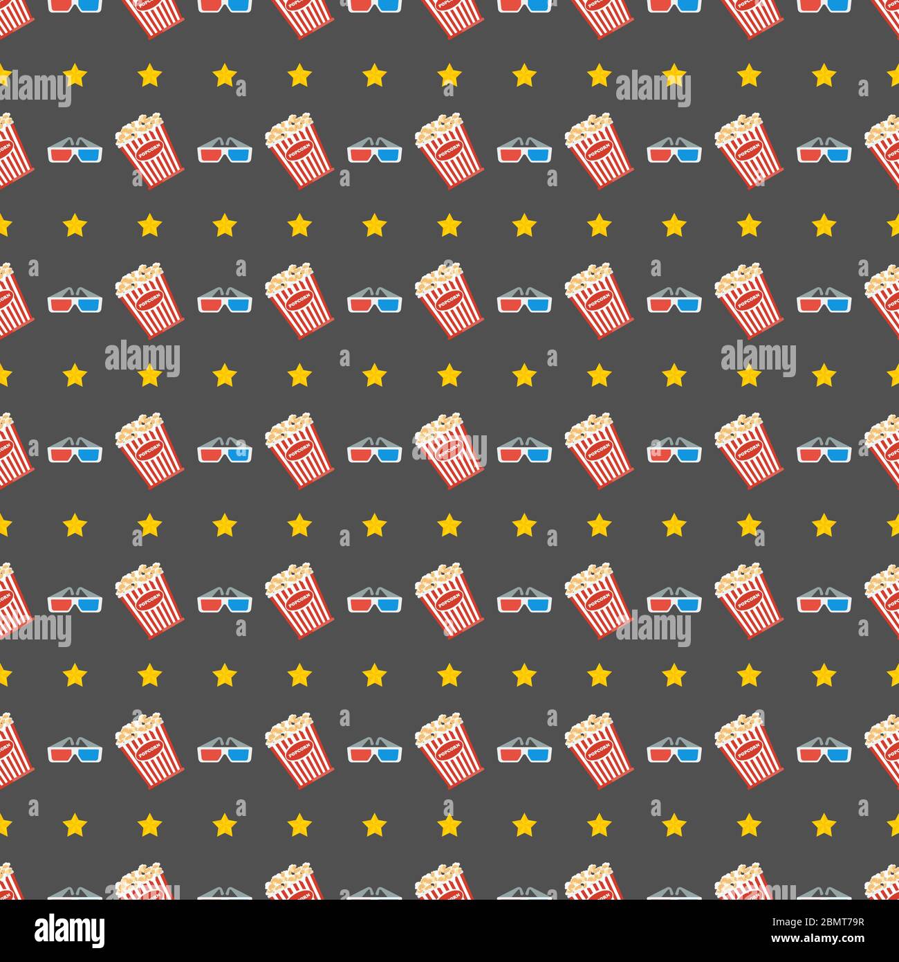 Cinema seamless pattern. Wallpaper with popcorn, stereo glasses and ...