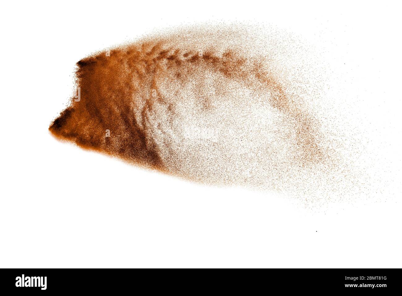Dry river sand explosion. Brown color sand splash against white ...