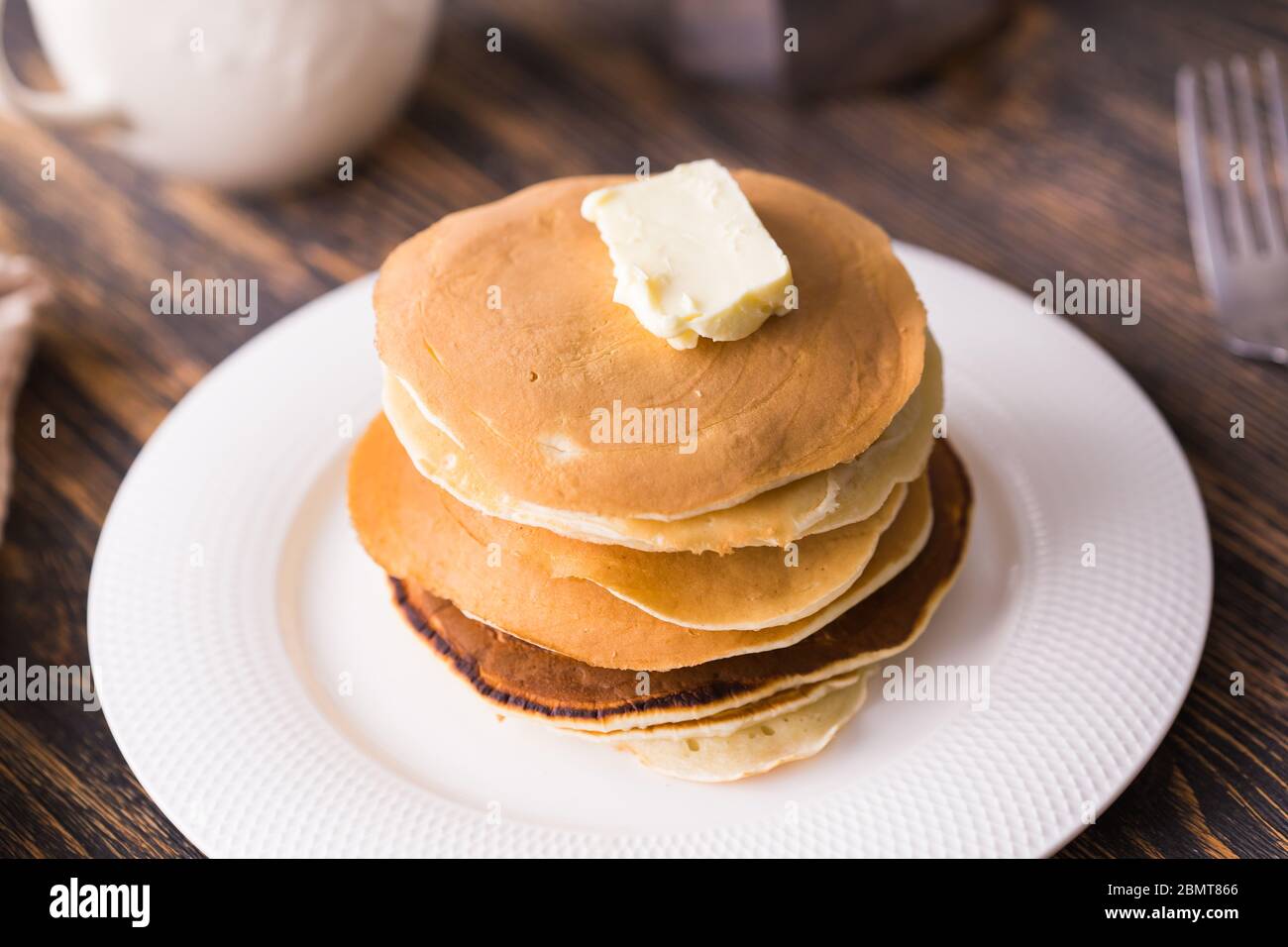 Homemade american pancakes. Healthy morning breakfast. Rustic style ...