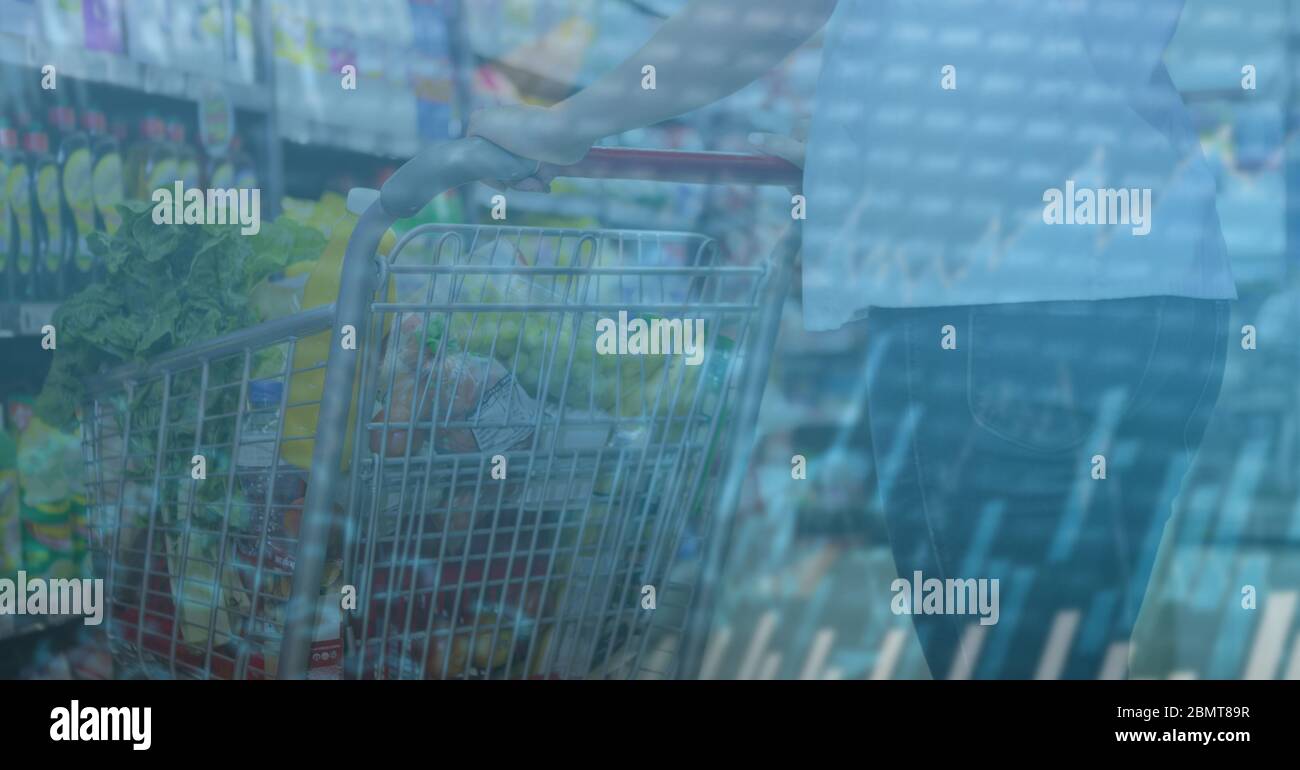 Caucasian woman doing errands in a store shelf over statistics in a ...