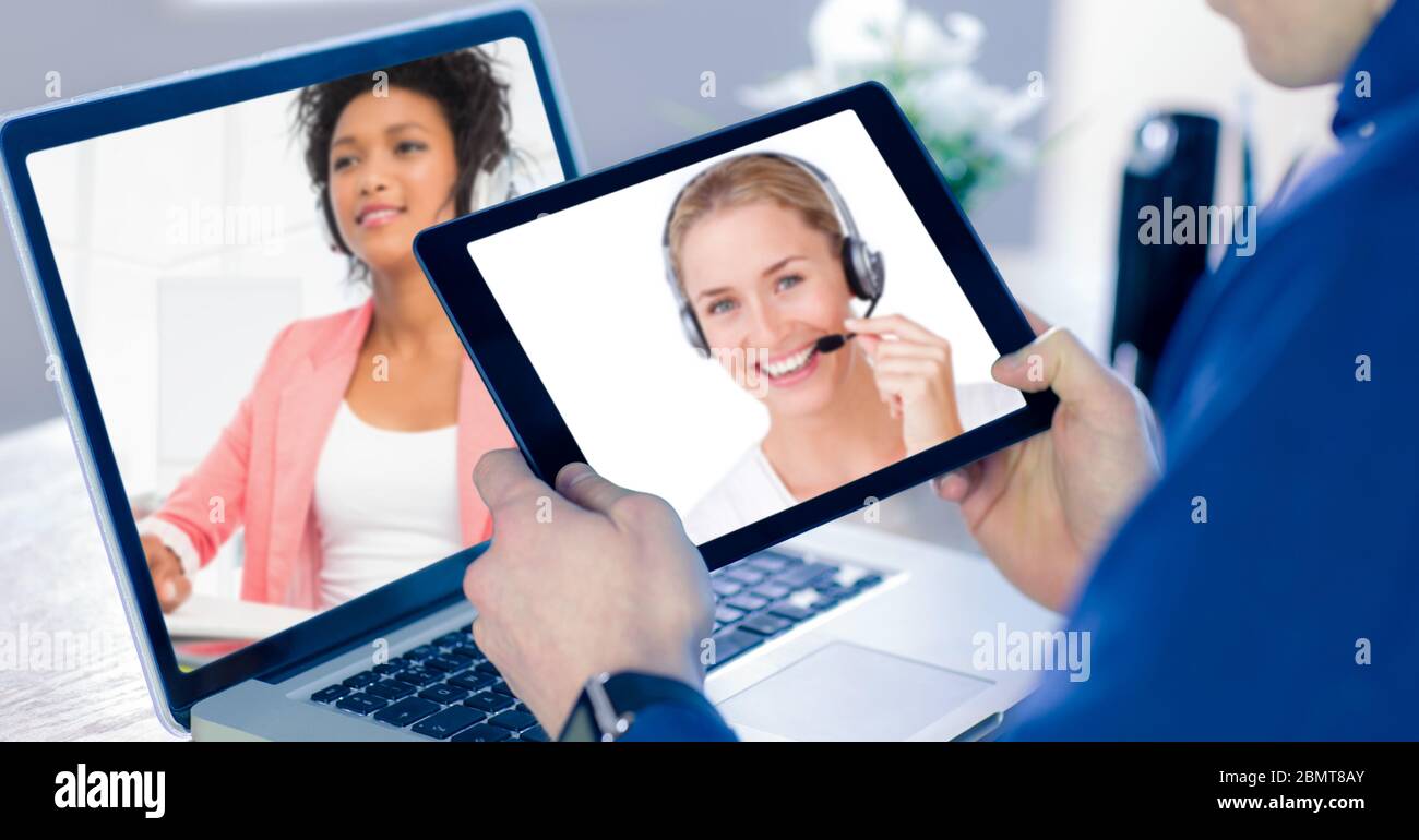 People working and having video call on laptop Stock Photo - Alamy