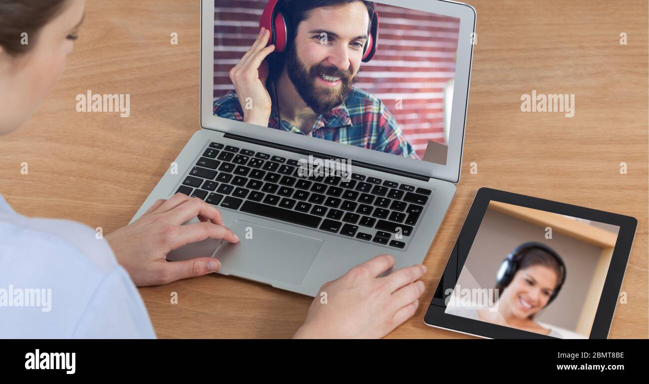 People working and having video call on laptop Stock Photo - Alamy