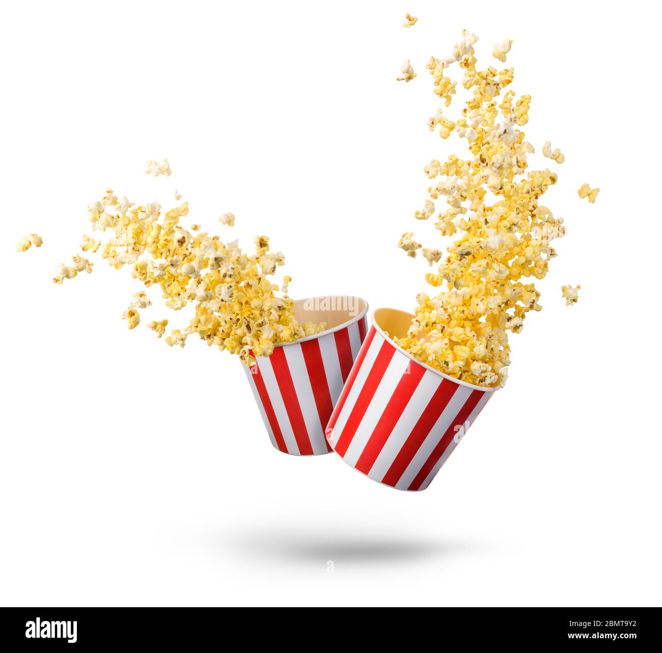 Set of flying popcorn from paper striped buckets isolated on white ...