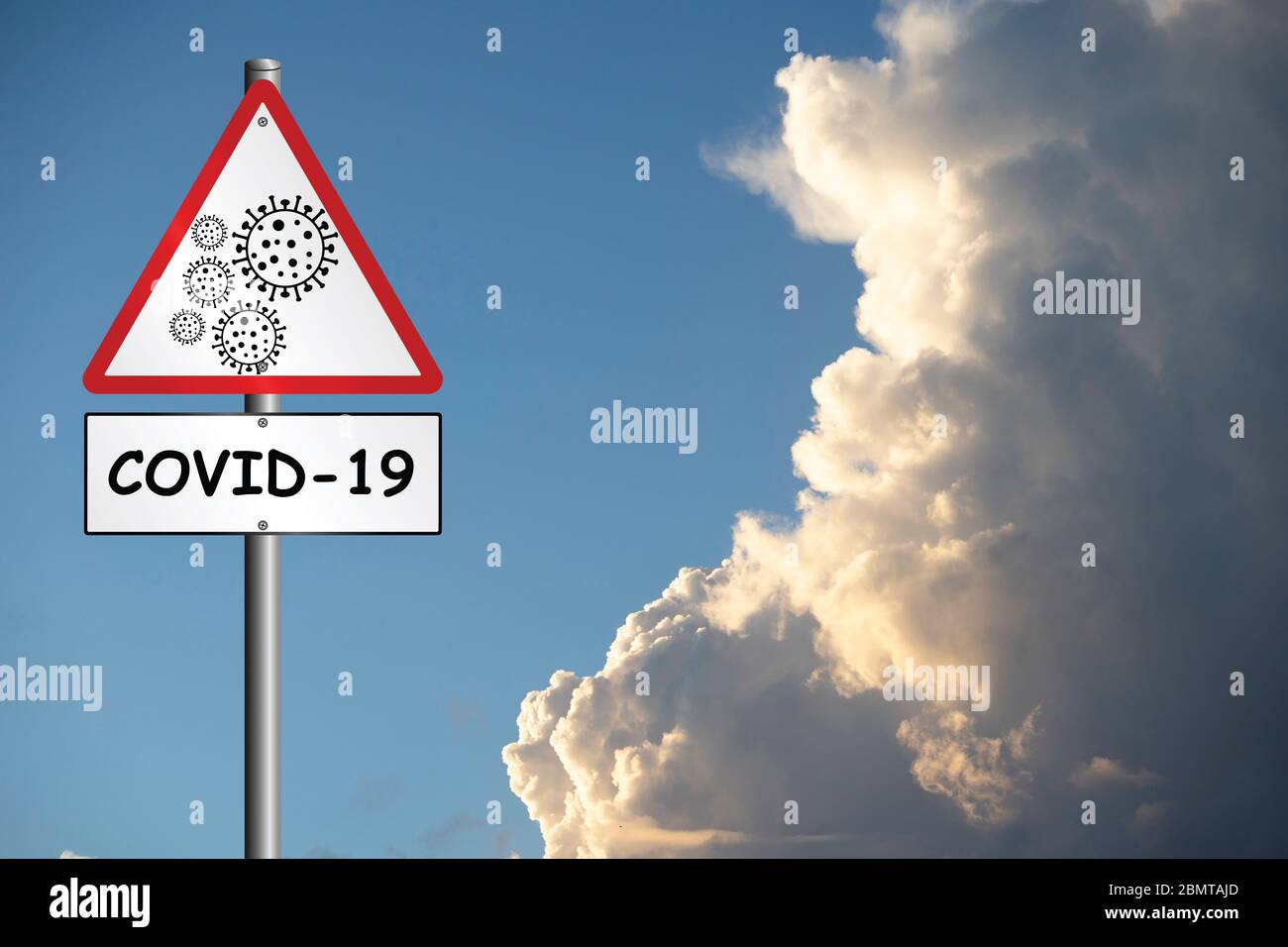 Coronavirus COVID 19 warning signpost isolated on cloud background ...