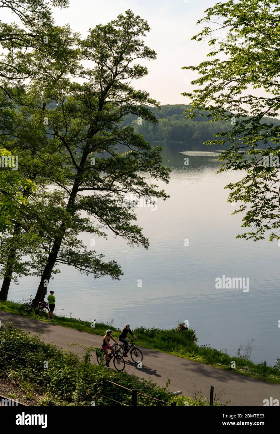 Cycling on the river Ruhr, lakeside path at Lake Baldeney in Essen, NRW ...