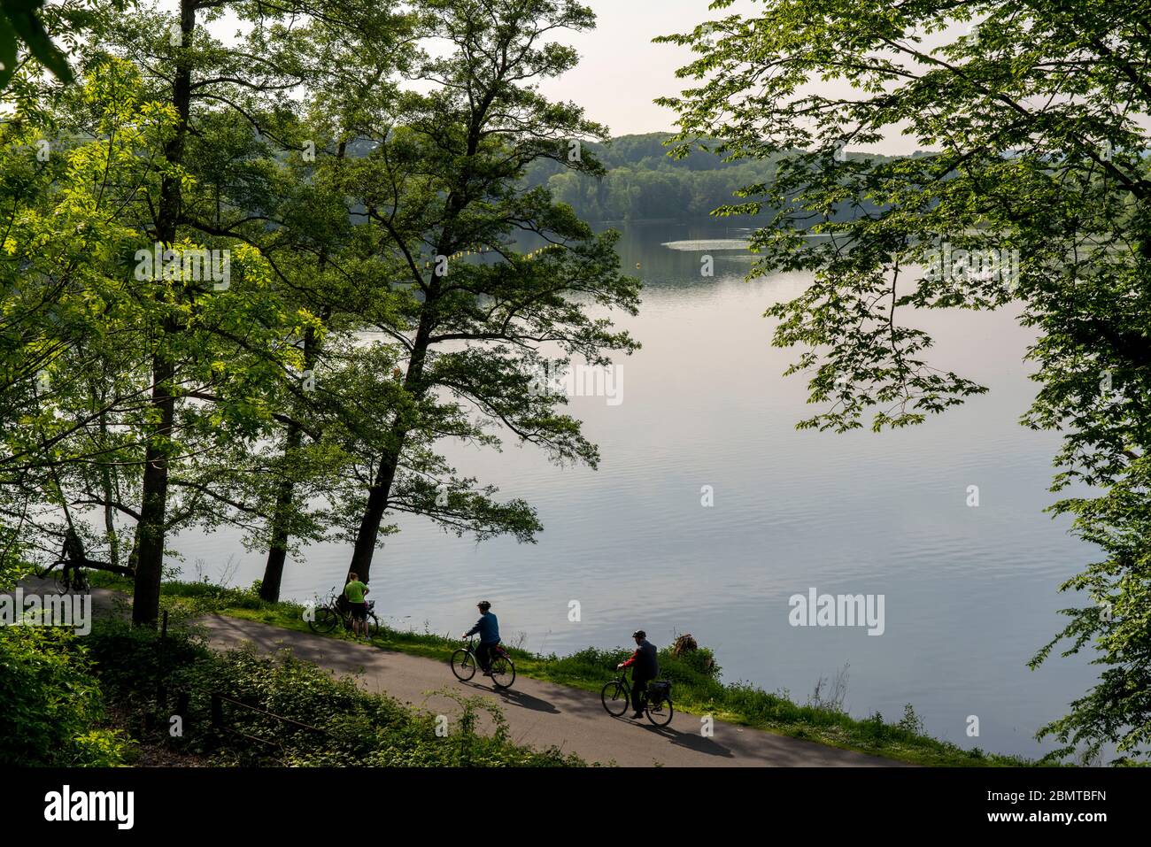 Cycling on the river Ruhr, lakeside path at Lake Baldeney in Essen, NRW ...