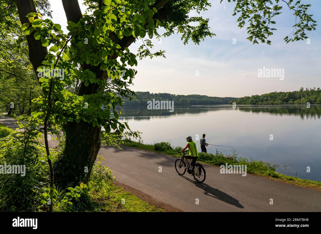 Cycling on the river Ruhr, lakeside path at Lake Baldeney in Essen, NRW ...