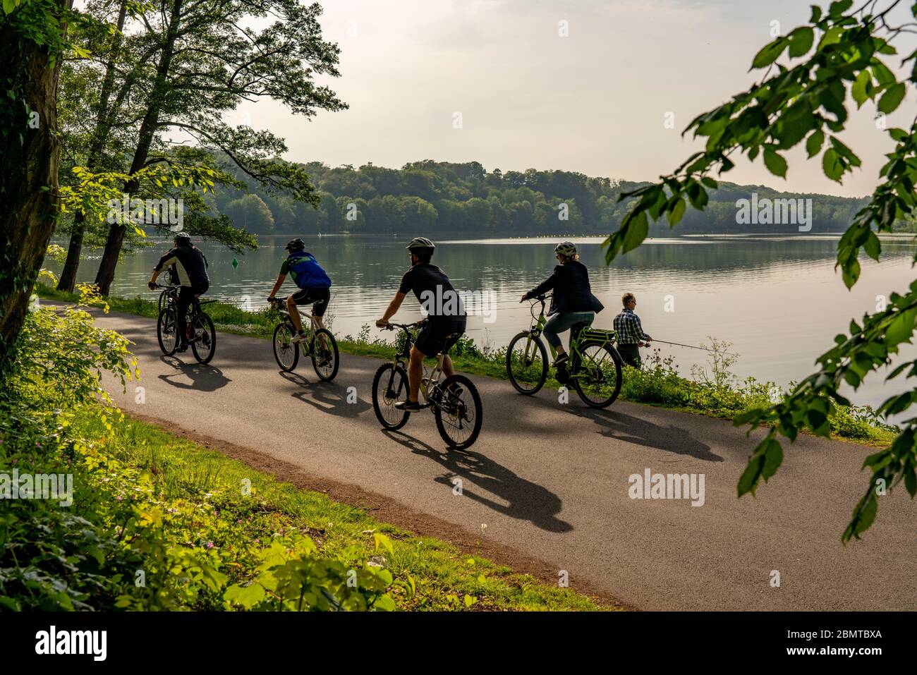 Cycling on the river Ruhr, lakeside path at Lake Baldeney in Essen, NRW ...