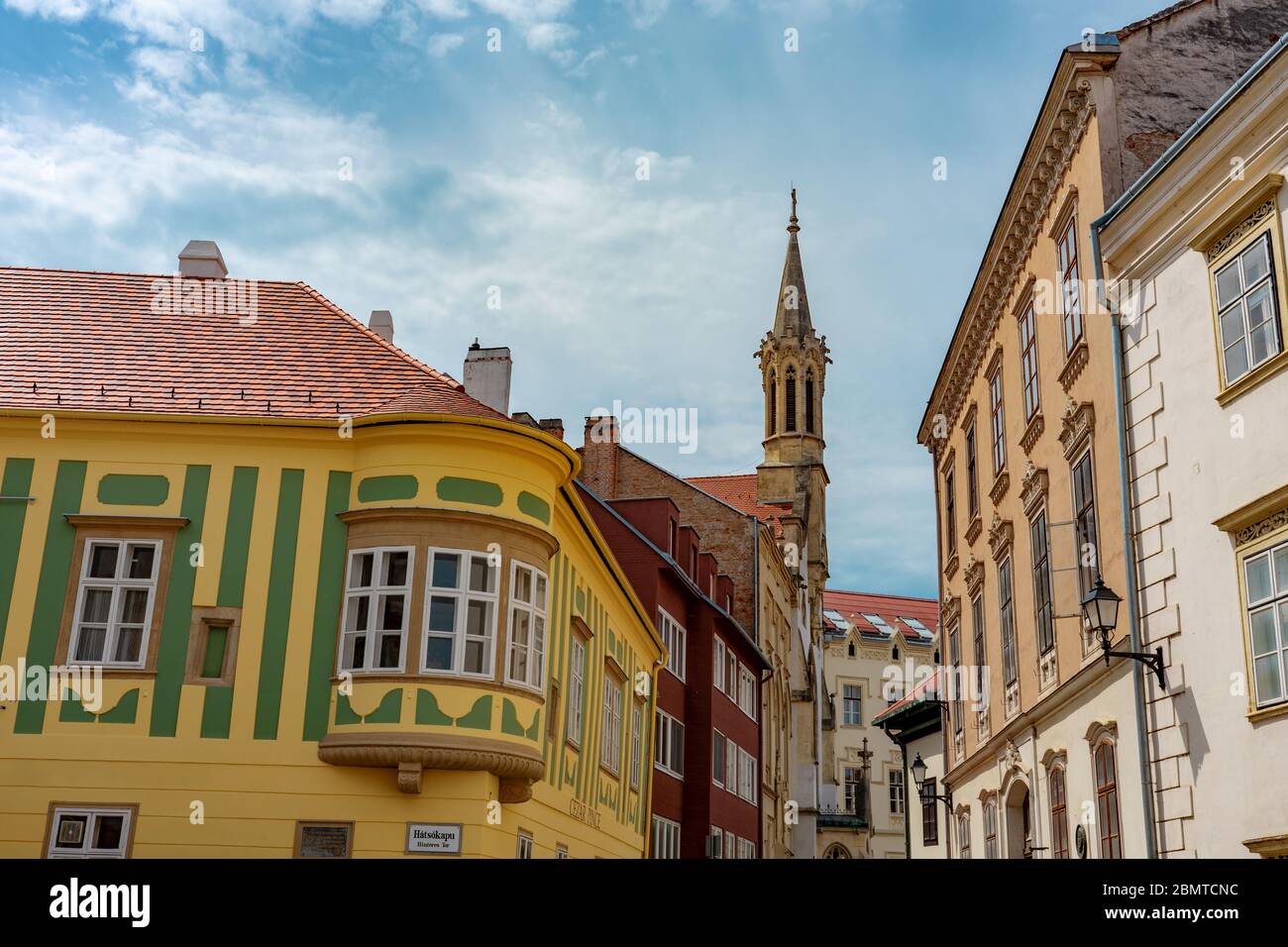 narrow medieval colorful street of Sopron Hungary with beautiful ...