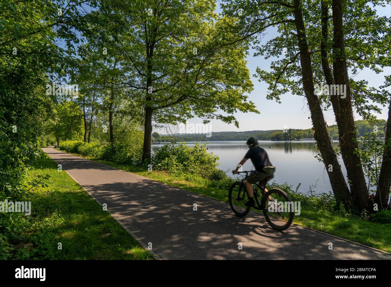 Cycling on the river Ruhr, lakeside path at Lake Baldeney in Essen, NRW ...