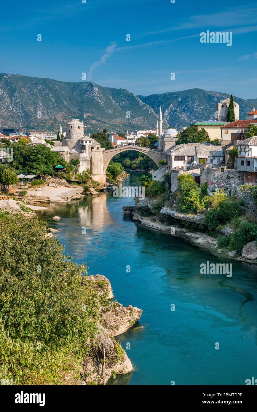 Old Town with Old Bridge over Neretva river rebuilt, in Mostar, Bosnia ...