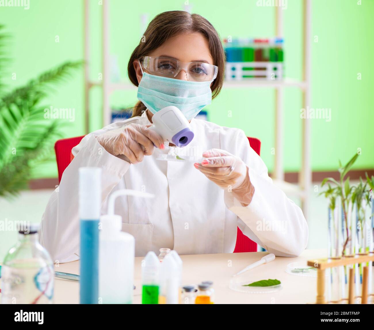 The beautiful female biotechnology scientist chemist working in lab ...