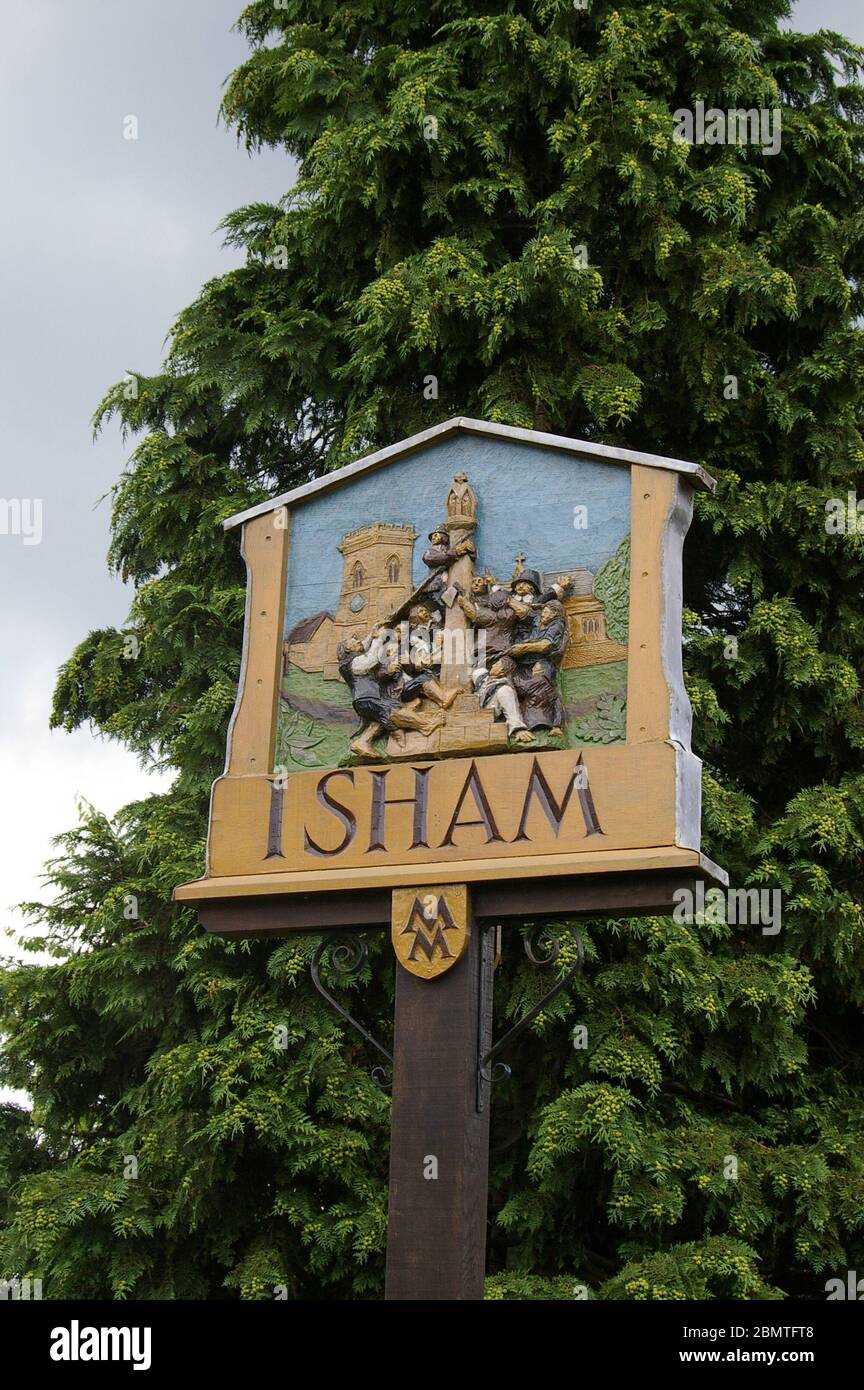 Sign for the village of Isham, showing local features, Northamptonshire ...