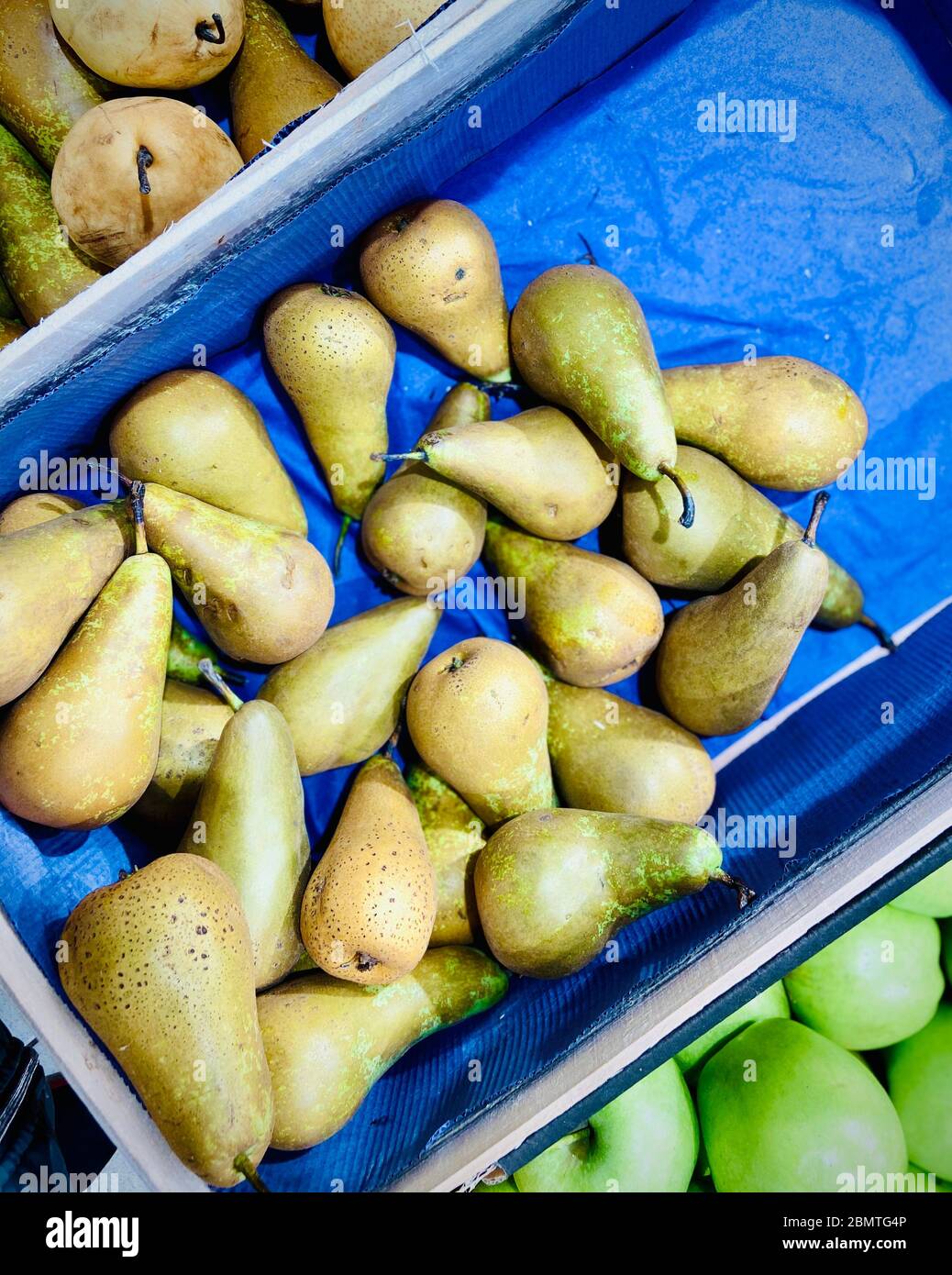 Different pears in the tray in the store. A close-up. Mobile photo ...