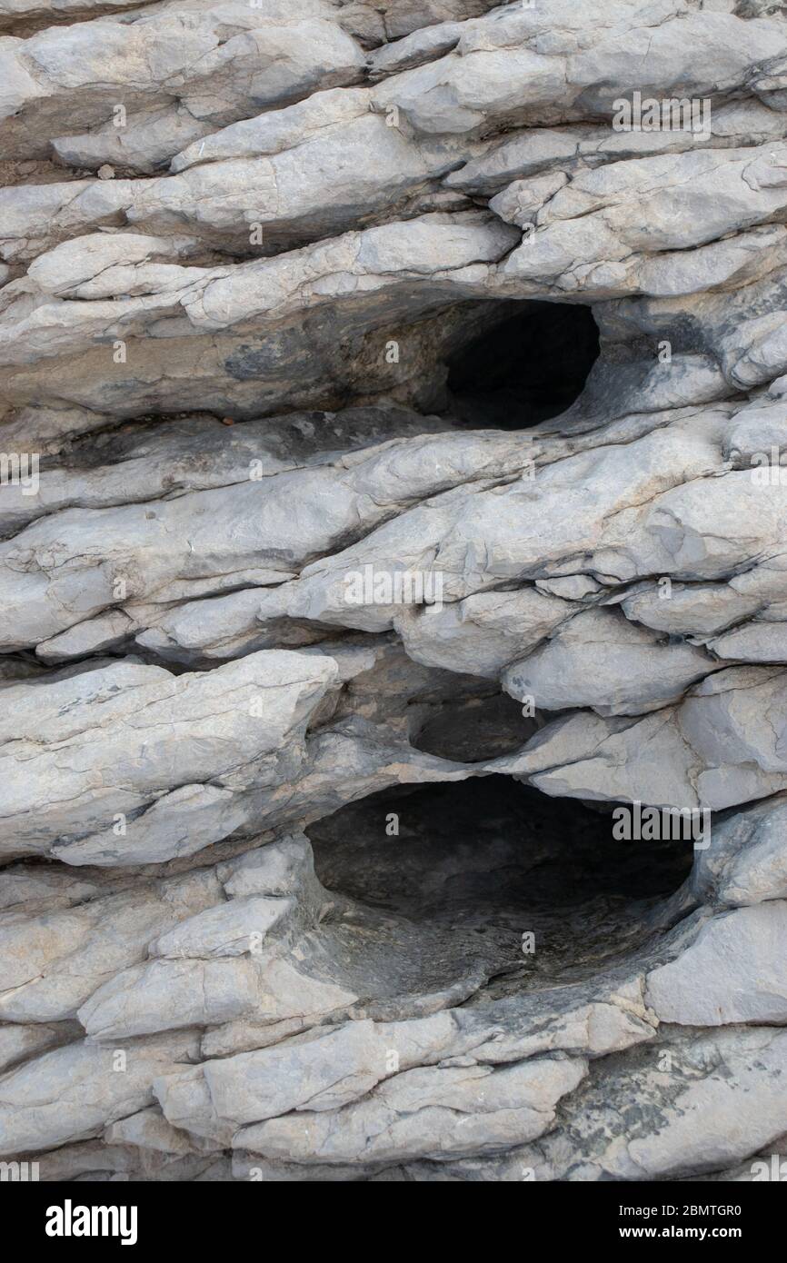 Flat background texture of rocks near the sea shore with two holes in ...