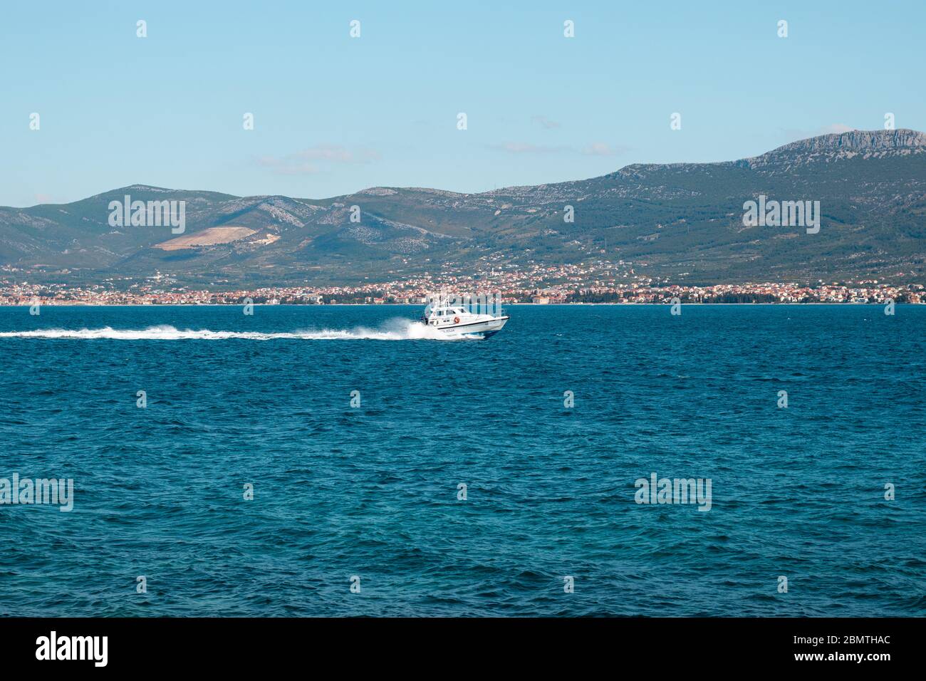 Croatian police speedboat cruising in the open sea near Split, Croatia ...