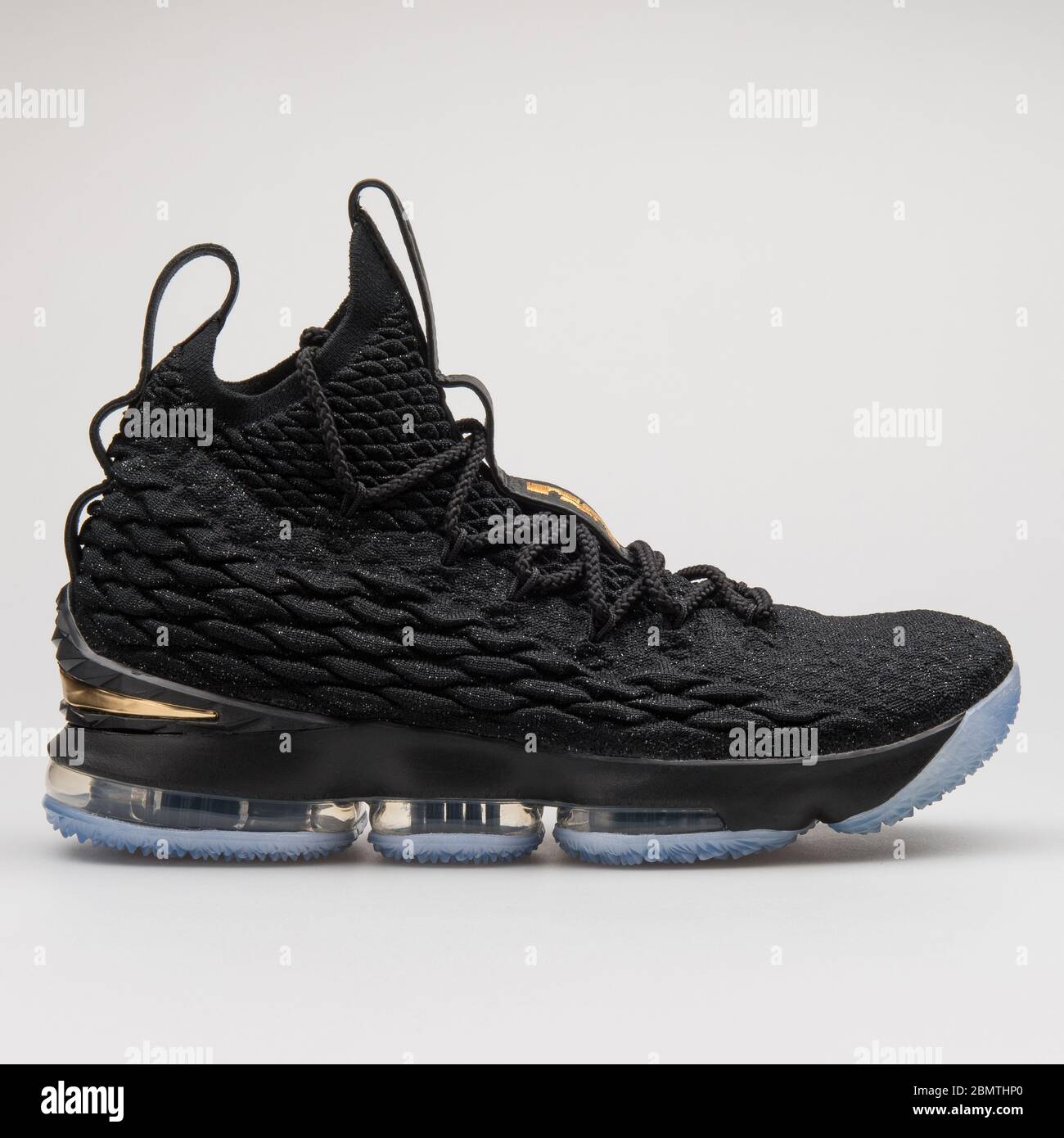 VIENNA, AUSTRIA - FEBRUARY 14, 2018: Nike Lebron XV black and metallic ...
