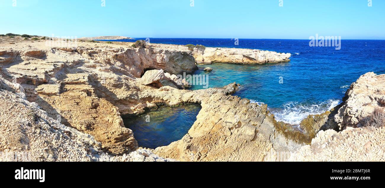 panoramic landscape of natural pool of the sea at Ano Koufonisi island ...