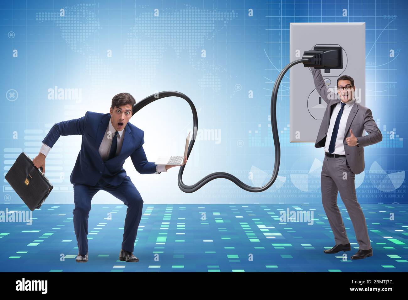 The businessman being powered by electricity and plug Stock Photo - Alamy