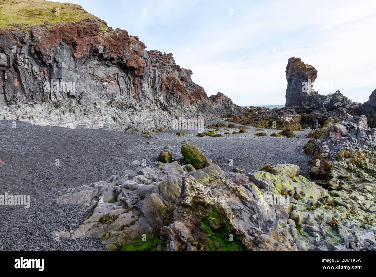 Rocky lava outcrops (with 2 people right in front), Djúpalónssandur, a ...