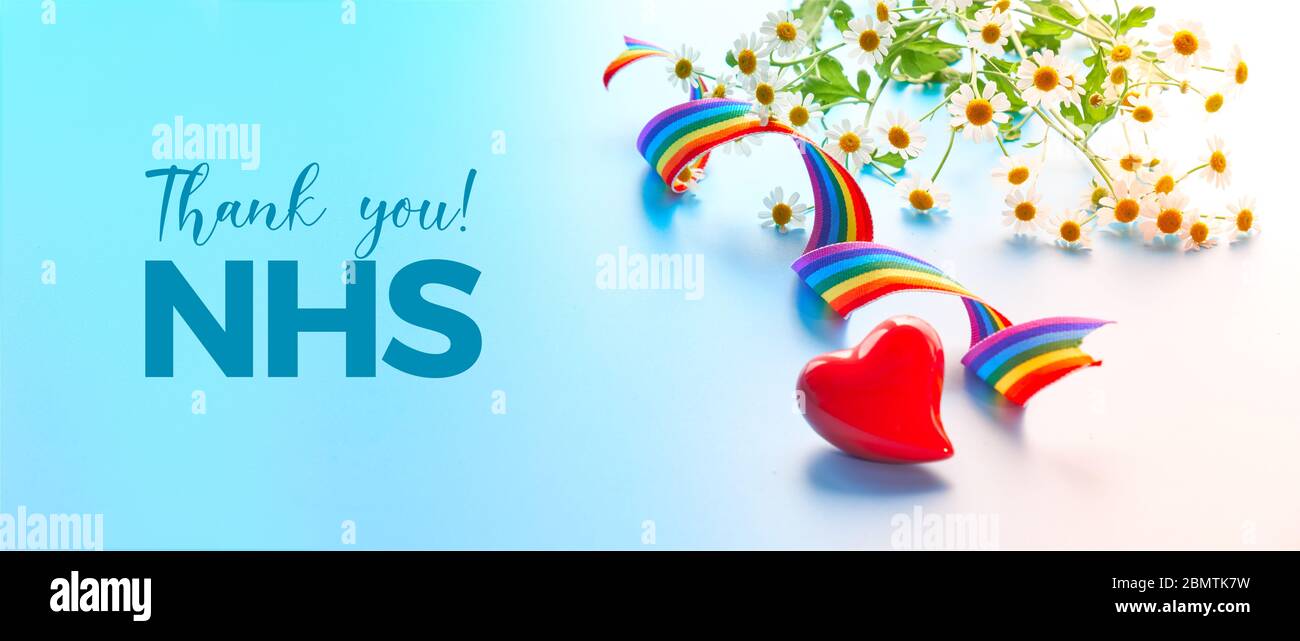 Red heart and curled rainbow ribbon. Rainbow text "Thank you NHS" on ...