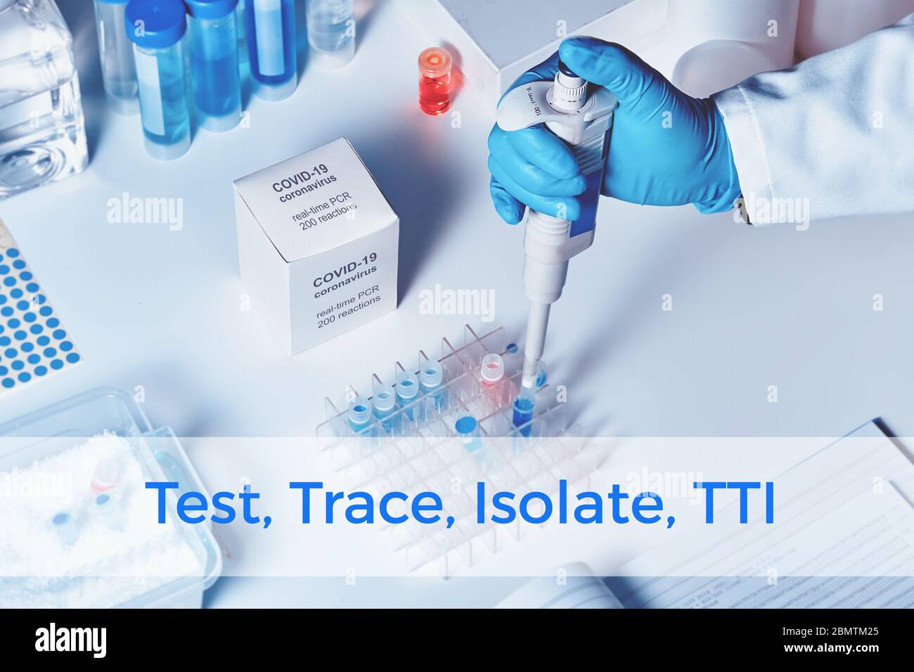 Novel coronavirus 2019 nCoV RT-PCR diagnostics kit. Text "Test, Trace ...