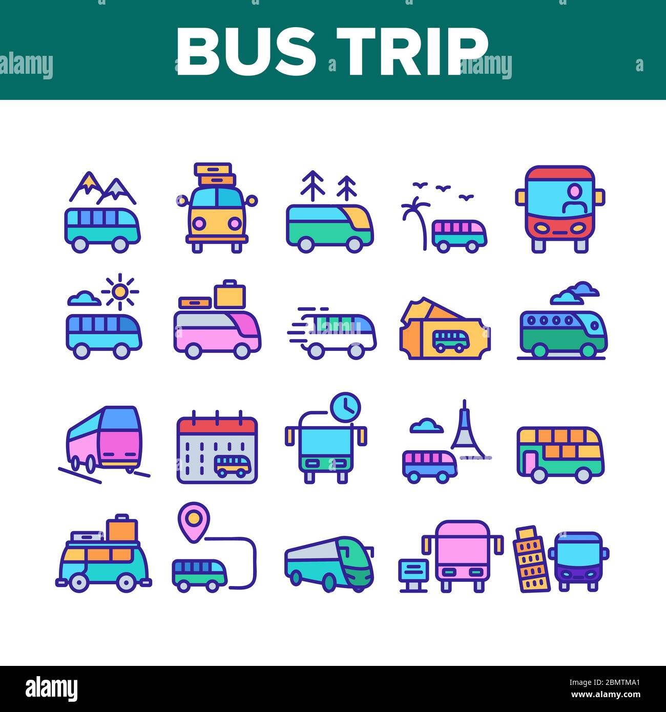Bus Trip And Travel Collection Icons Set Vector Stock Vector Image ...