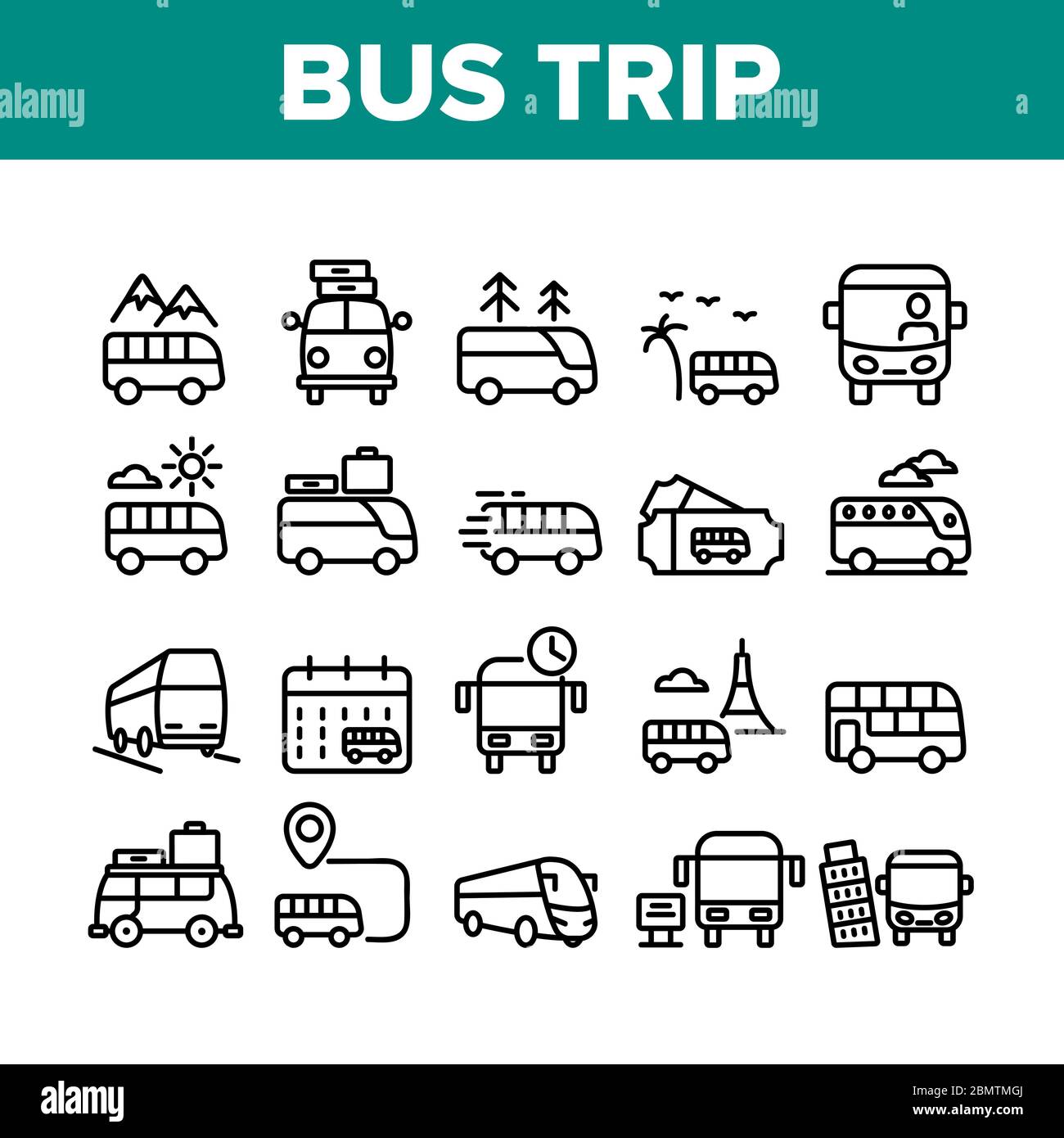 Bus Trip And Travel Collection Icons Set Vector Stock Vector Image ...