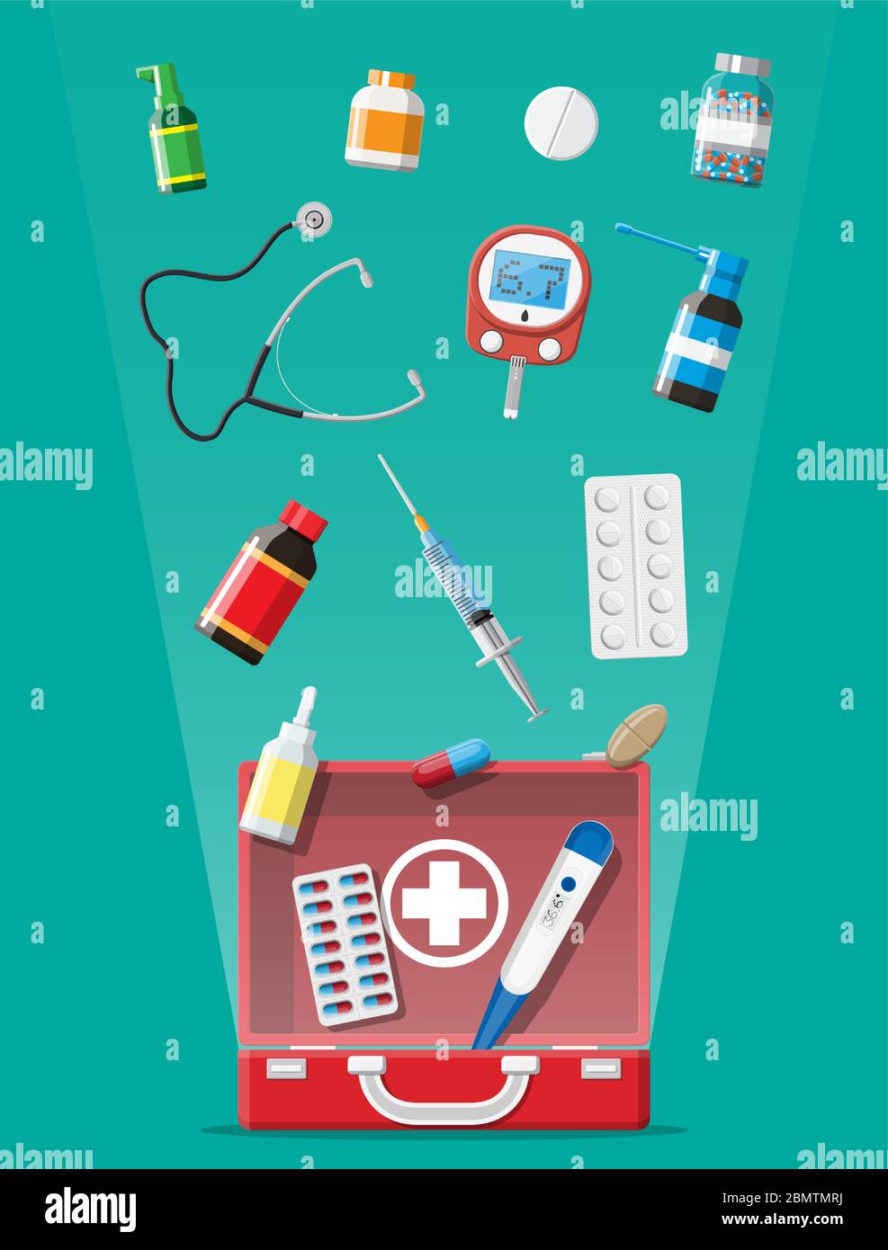 Medical first aid kit with different pills and medical devices. Medical ...