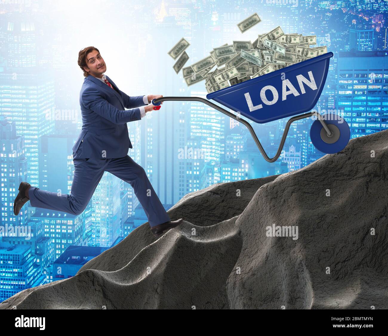 The businessman pushing wheelbarrow uphill in debt loan concept Stock ...