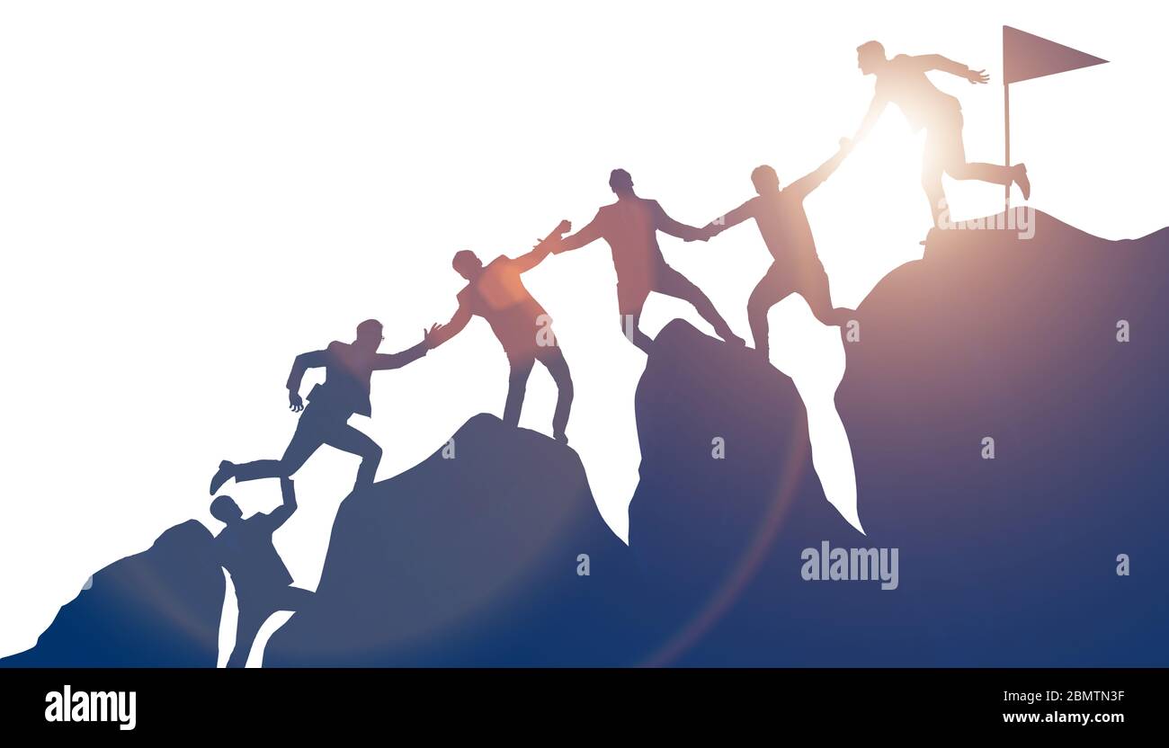 Concept of teamwork with the team climbing mountain top Stock Photo - Alamy