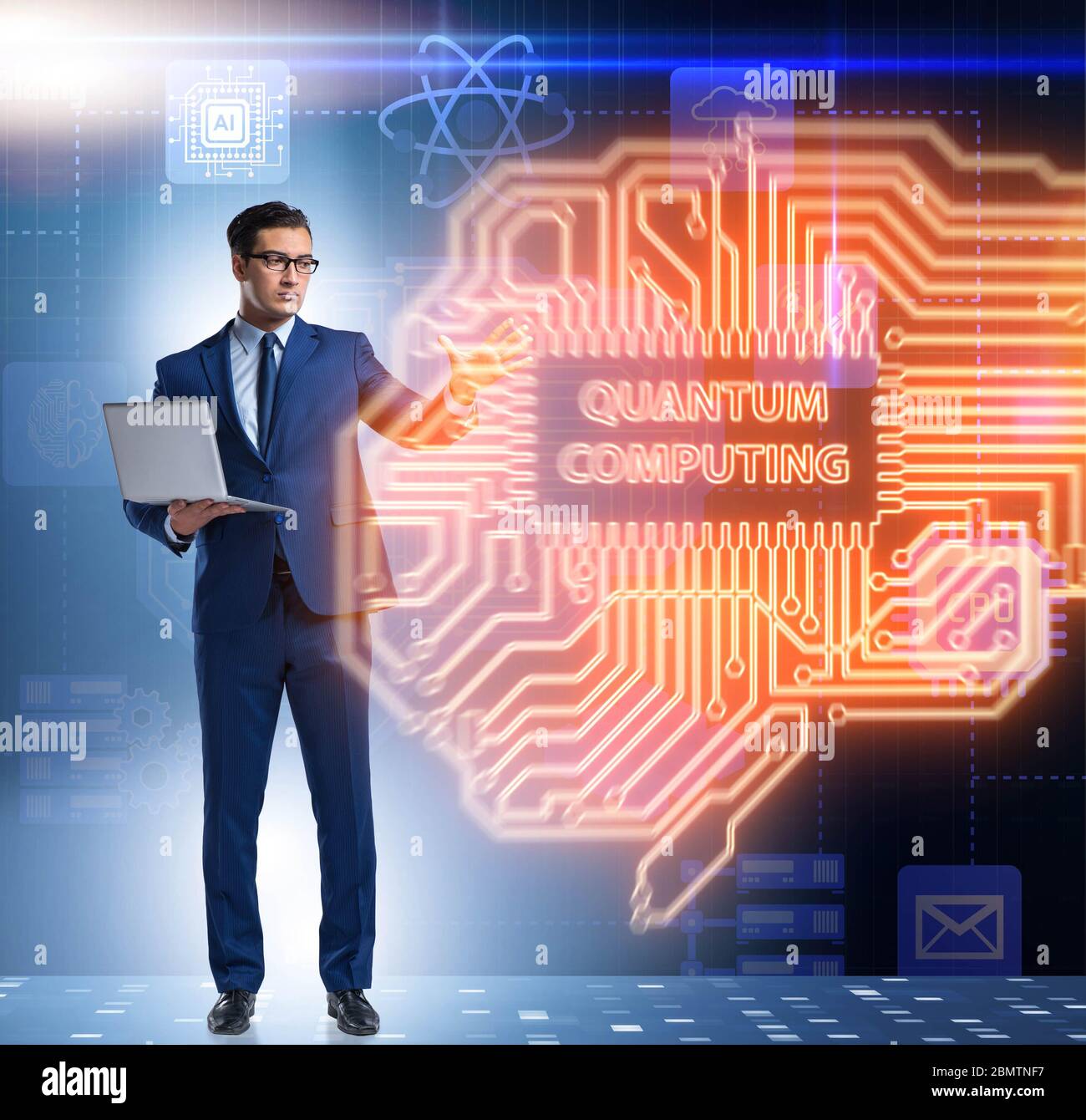 The businessman pressing virtual button in quantum computing concept ...