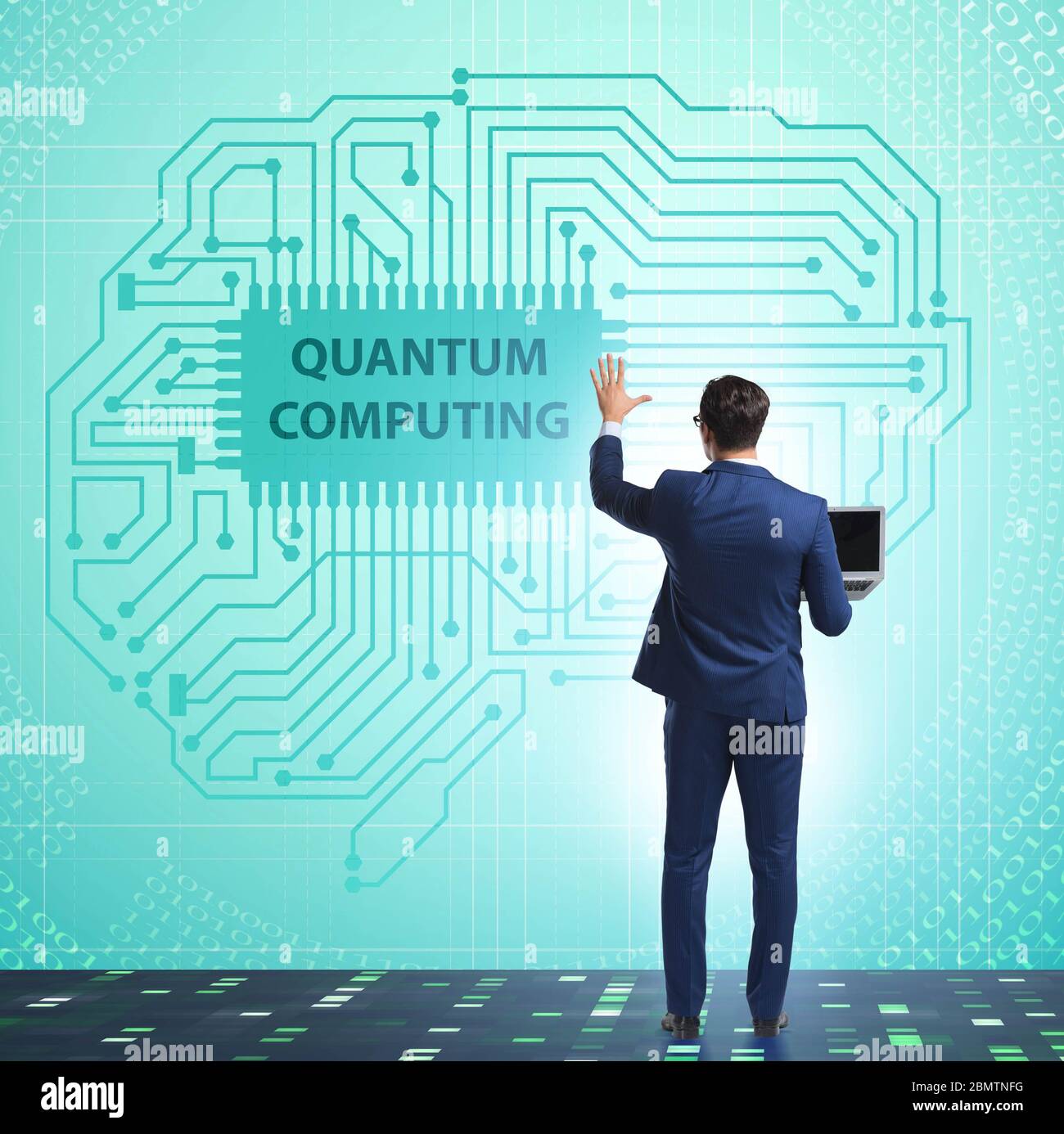 The businessman pressing virtual button in quantum computing concept ...