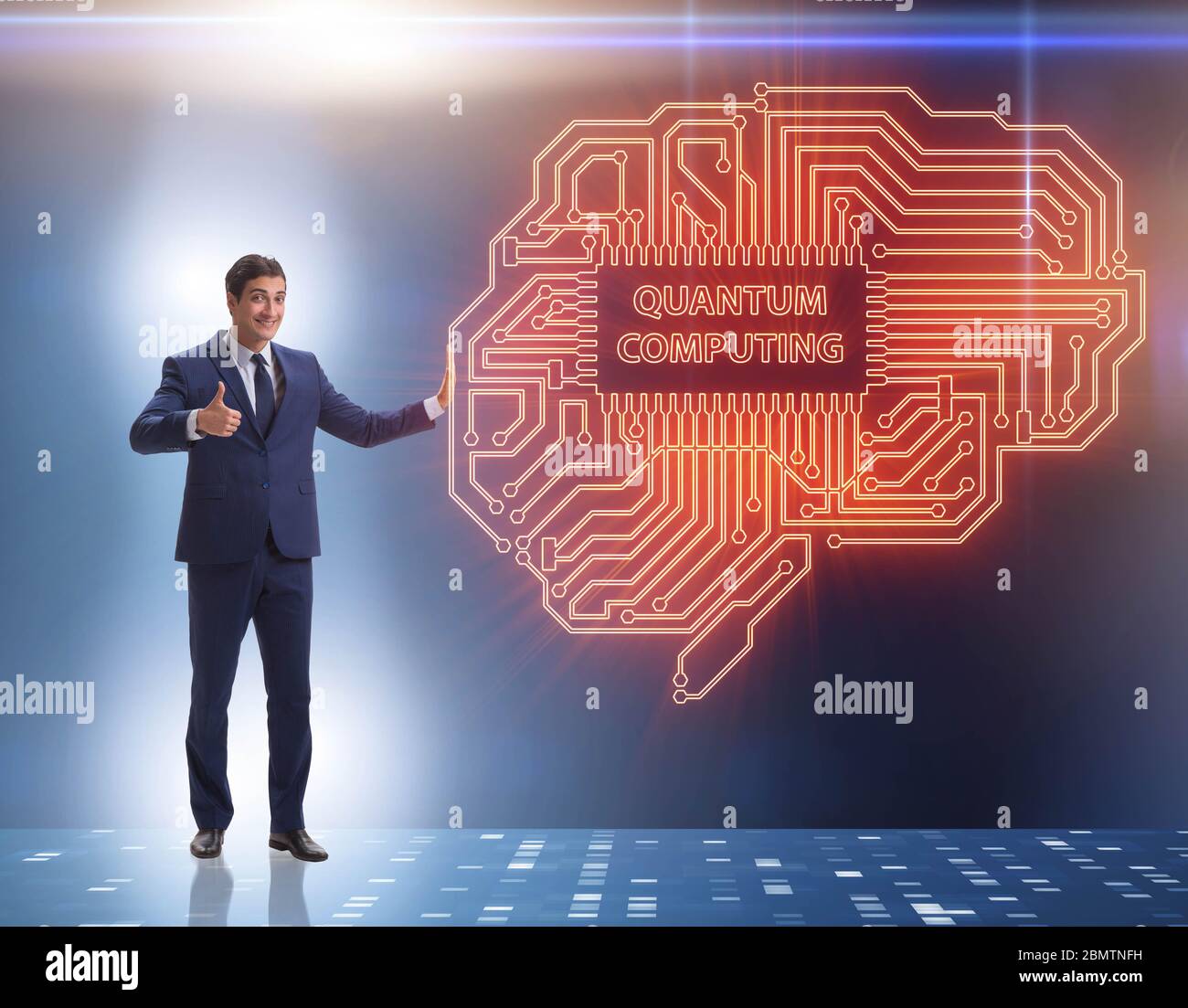 The businessman pressing virtual button in quantum computing concept ...