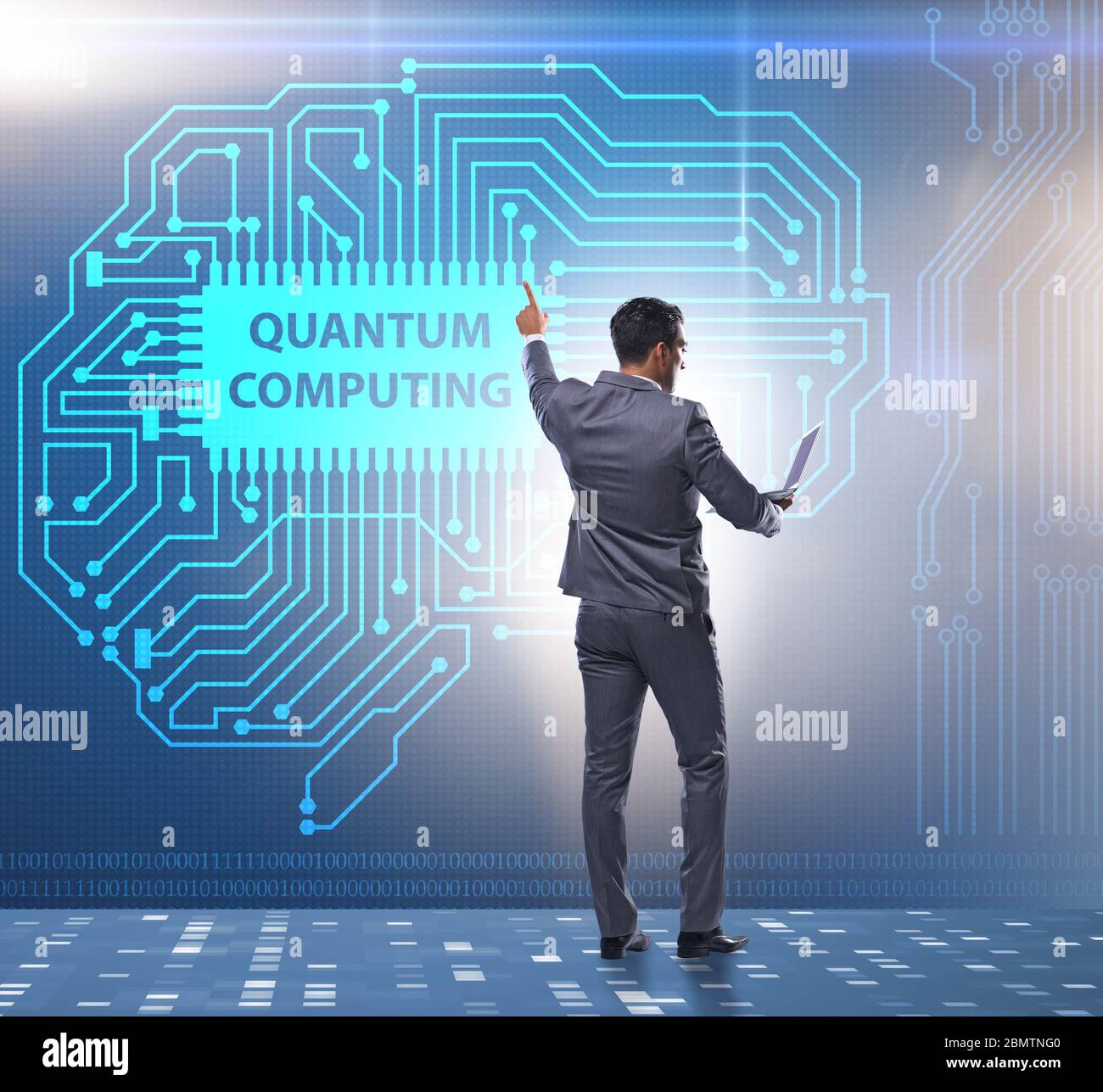 The businessman pressing virtual button in quantum computing concept Stock Photo - Alamy