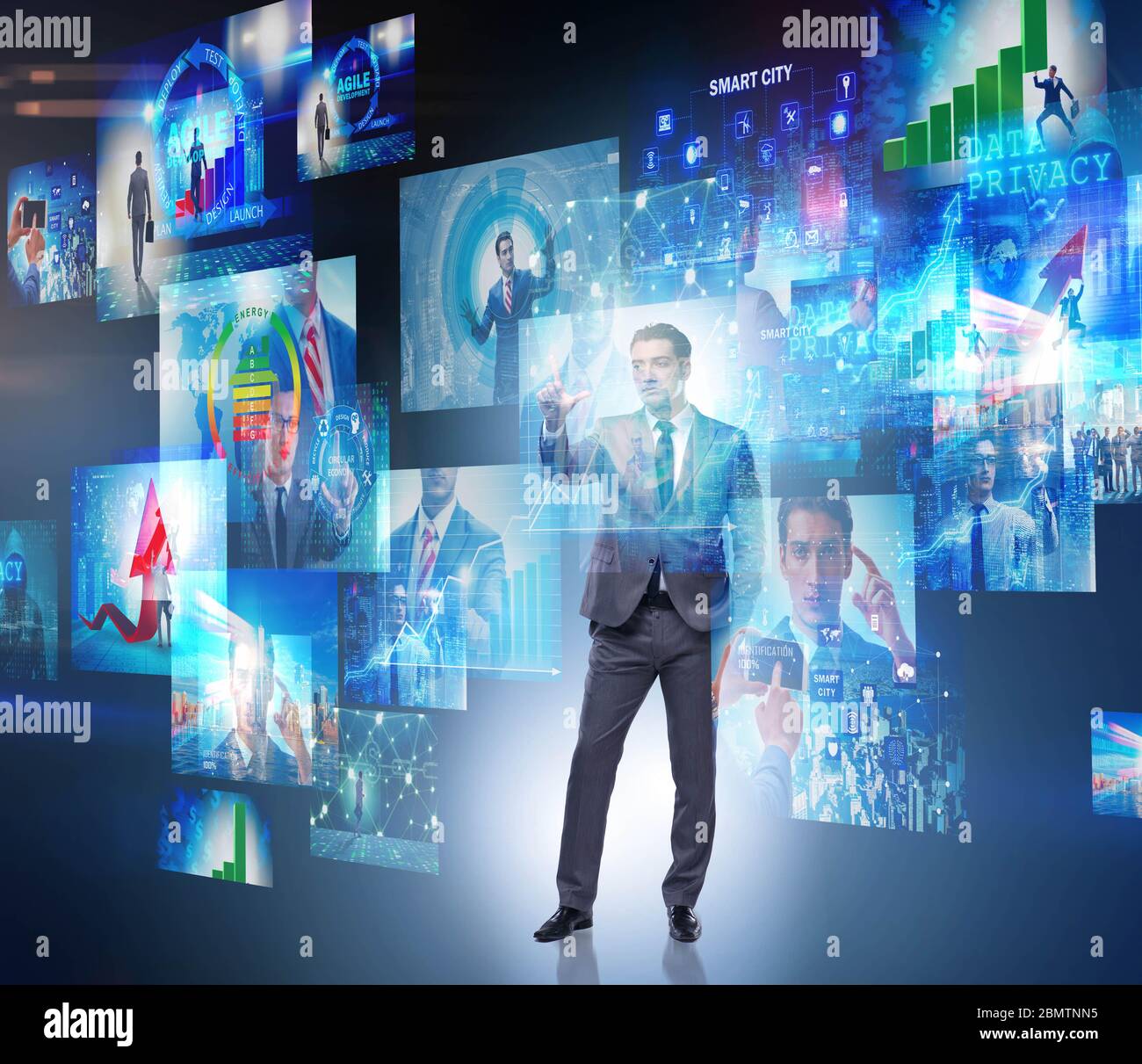 The collage of photos with businessman Stock Photo - Alamy