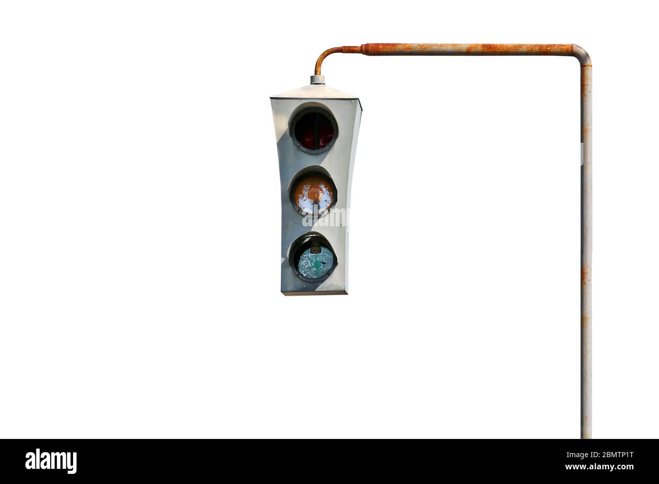 Isolated vintage old traffic light on a rusty post. Close-up Stock ...