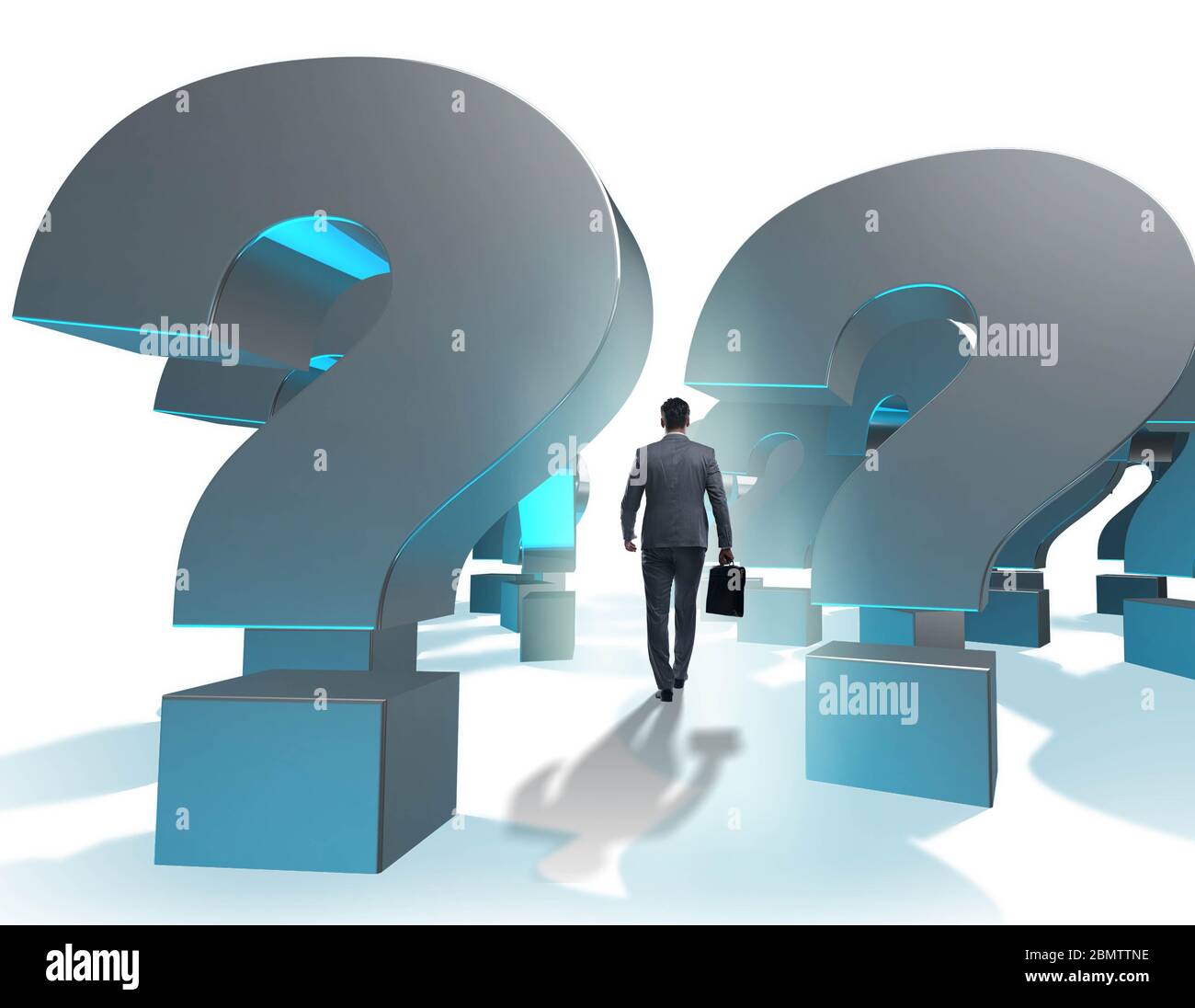 The businessman with question marks isolated on white Stock Photo - Alamy