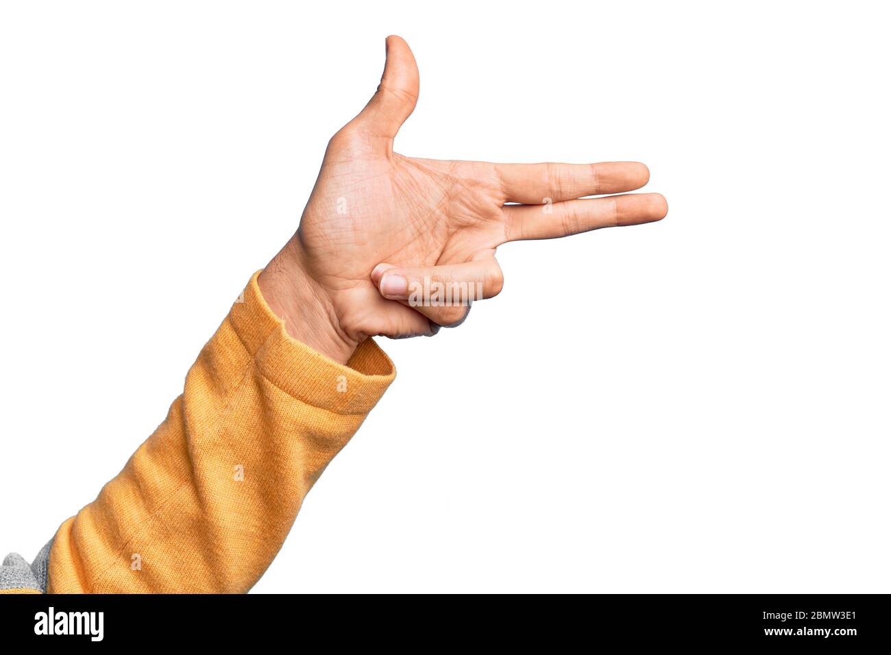 Hand of caucasian young man showing fingers over isolated white ...