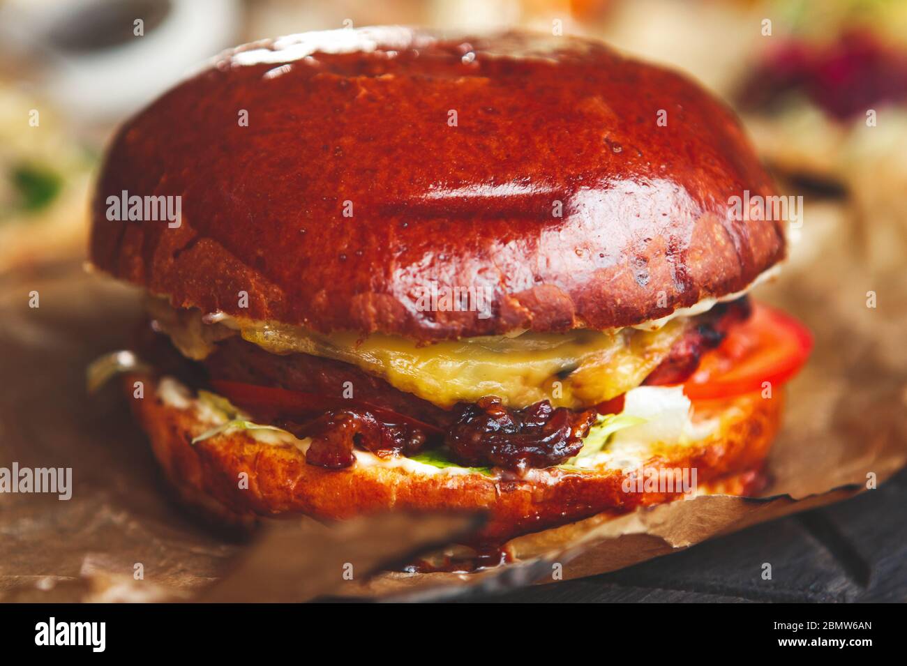 Delivered hamburger on table.Fast food delivery service.Delicious ...