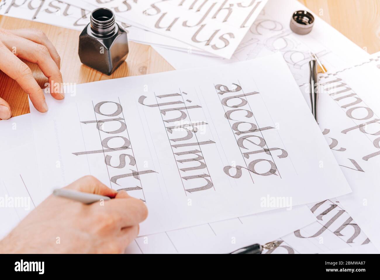 The process of learning calligraphy, handwriting,Latin alphabet,pen,ink ...