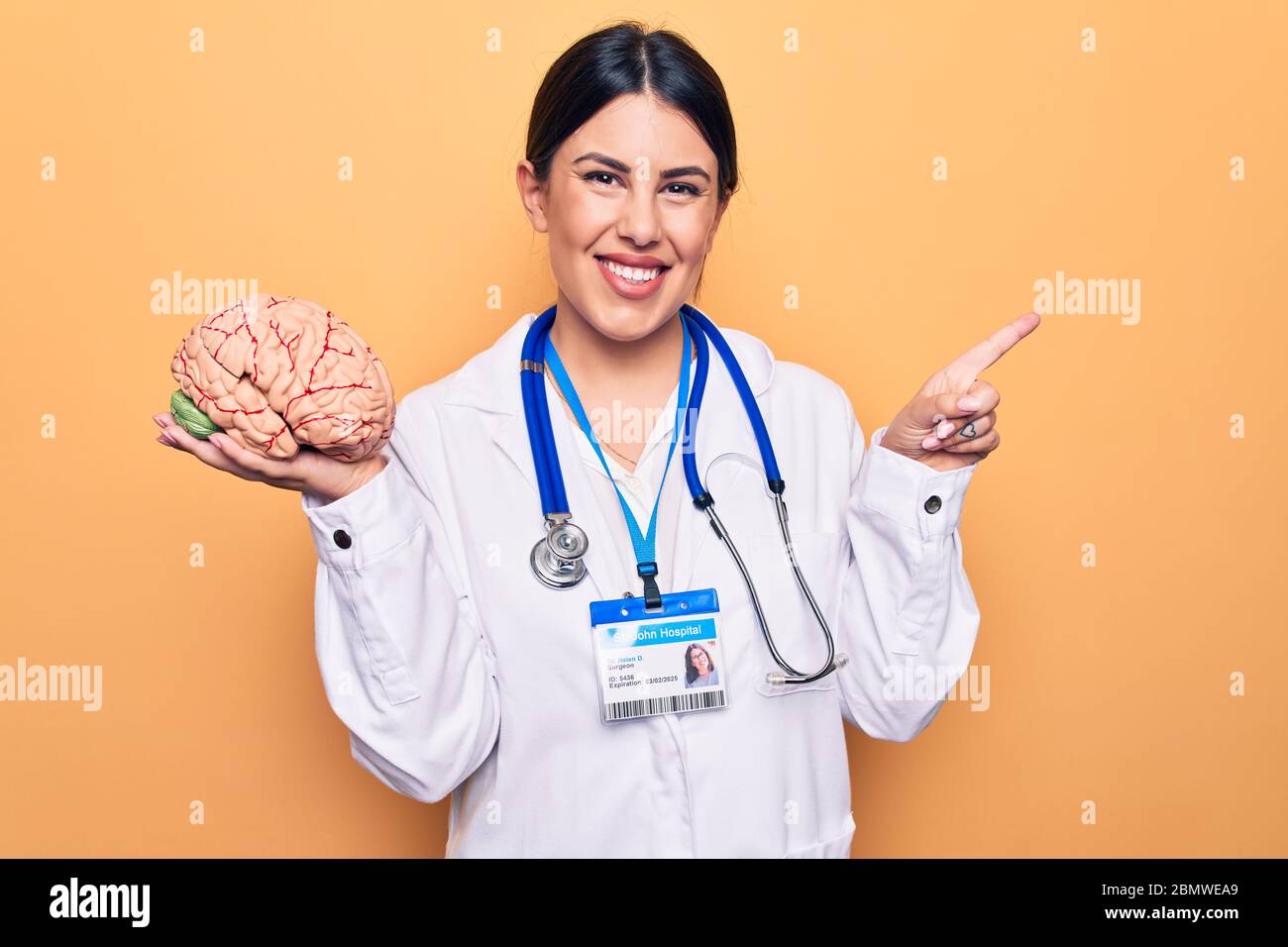 Young beautiful psychiatrist woman wearing stethoscope holding brain ...