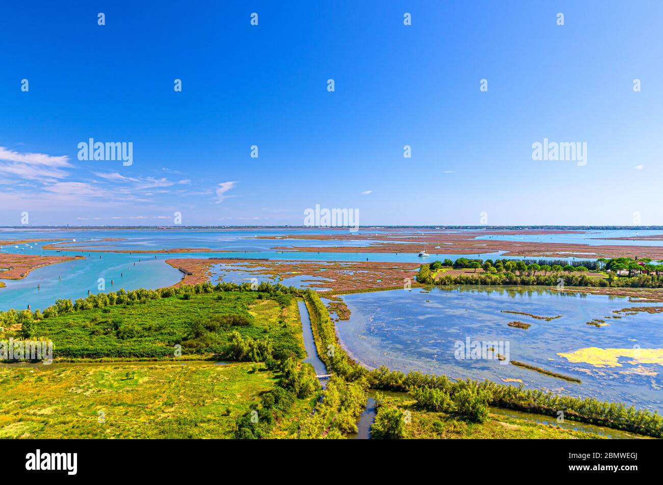 Aerial view of Torcello islands swamp, water canal and green trees and ...