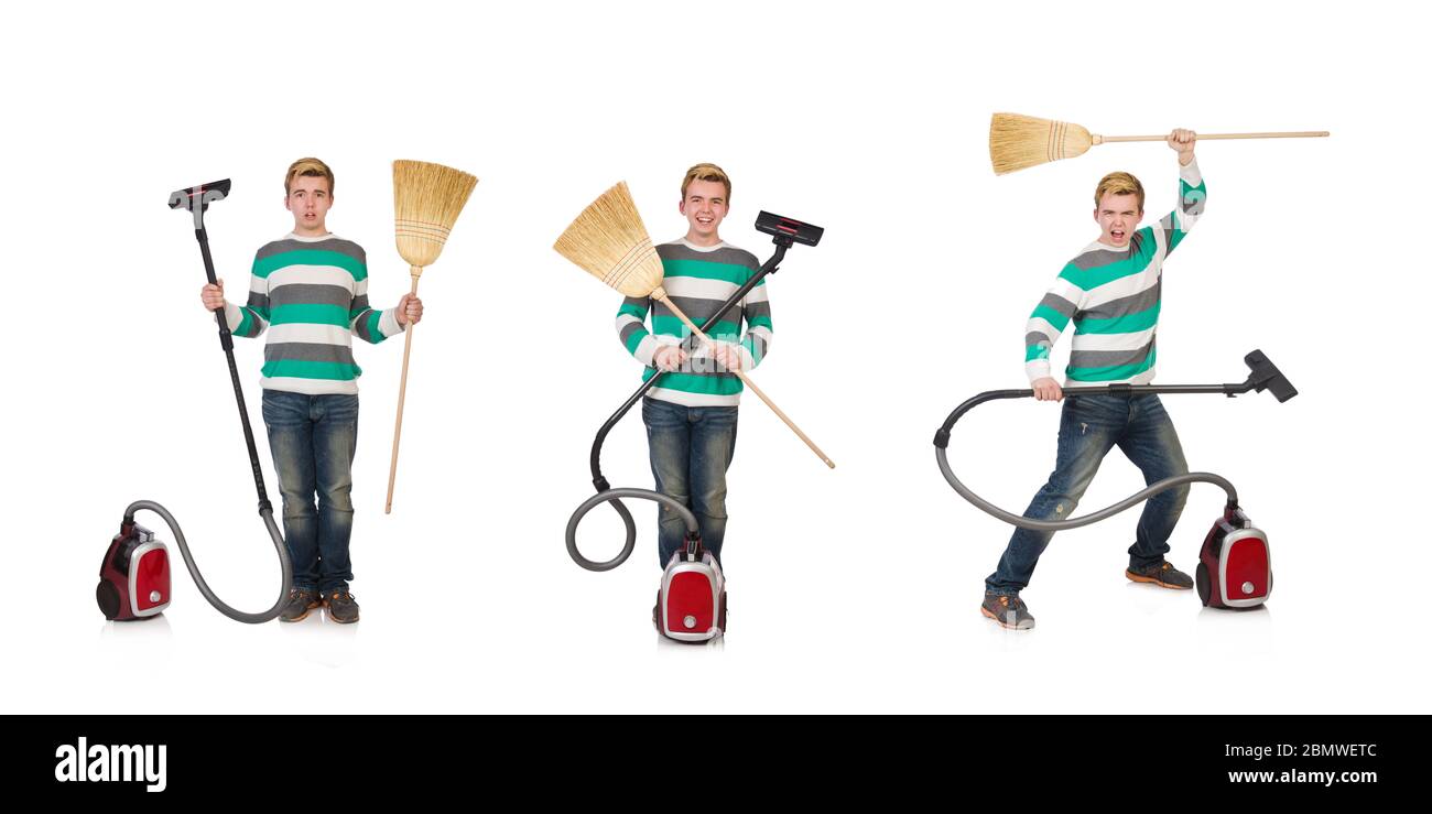 The man with vacuum cleaner and broom on white Stock Photo - Alamy