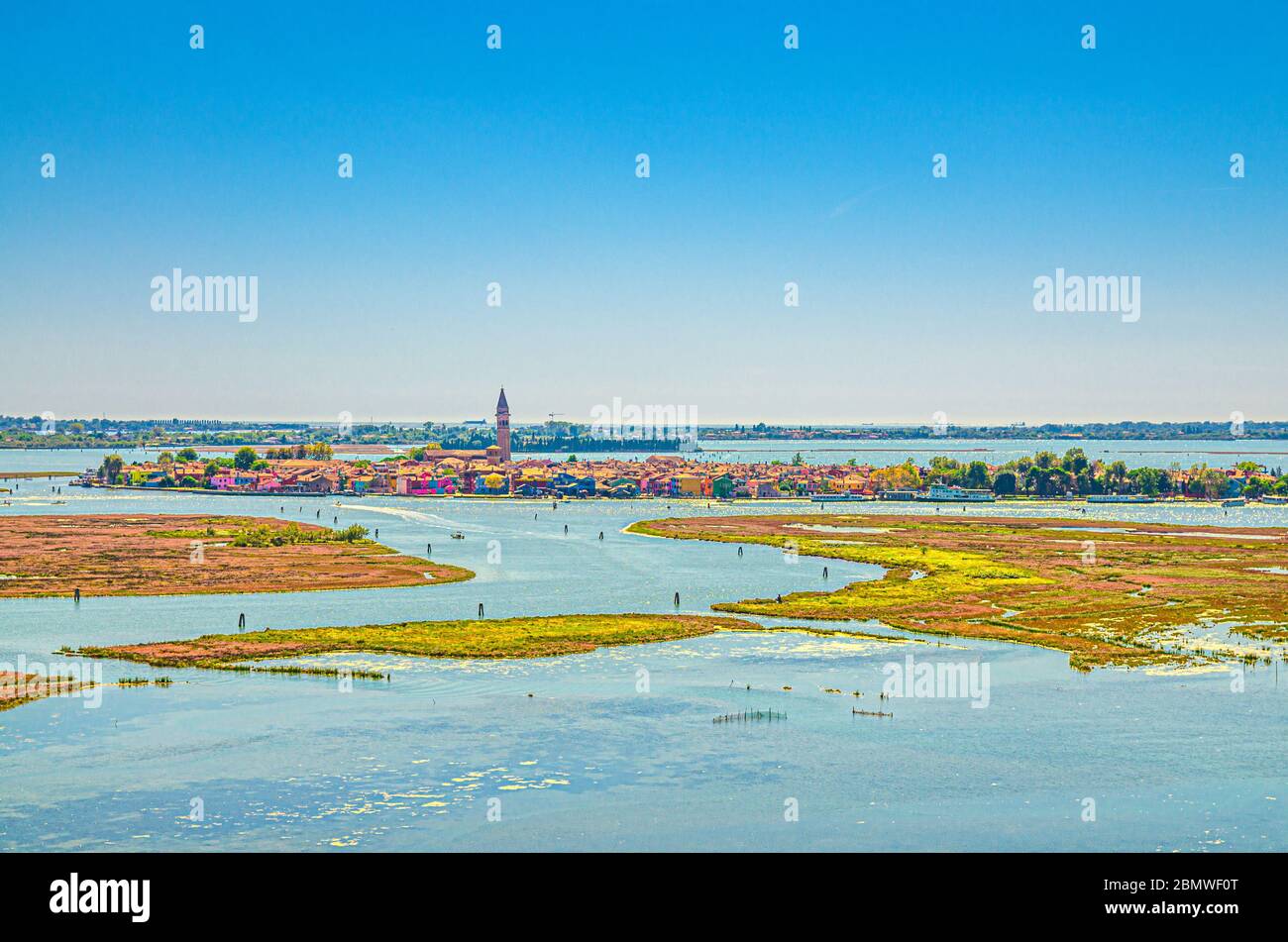 Aerial panoramic view of Venetian Lagoon with Burano island, water ...