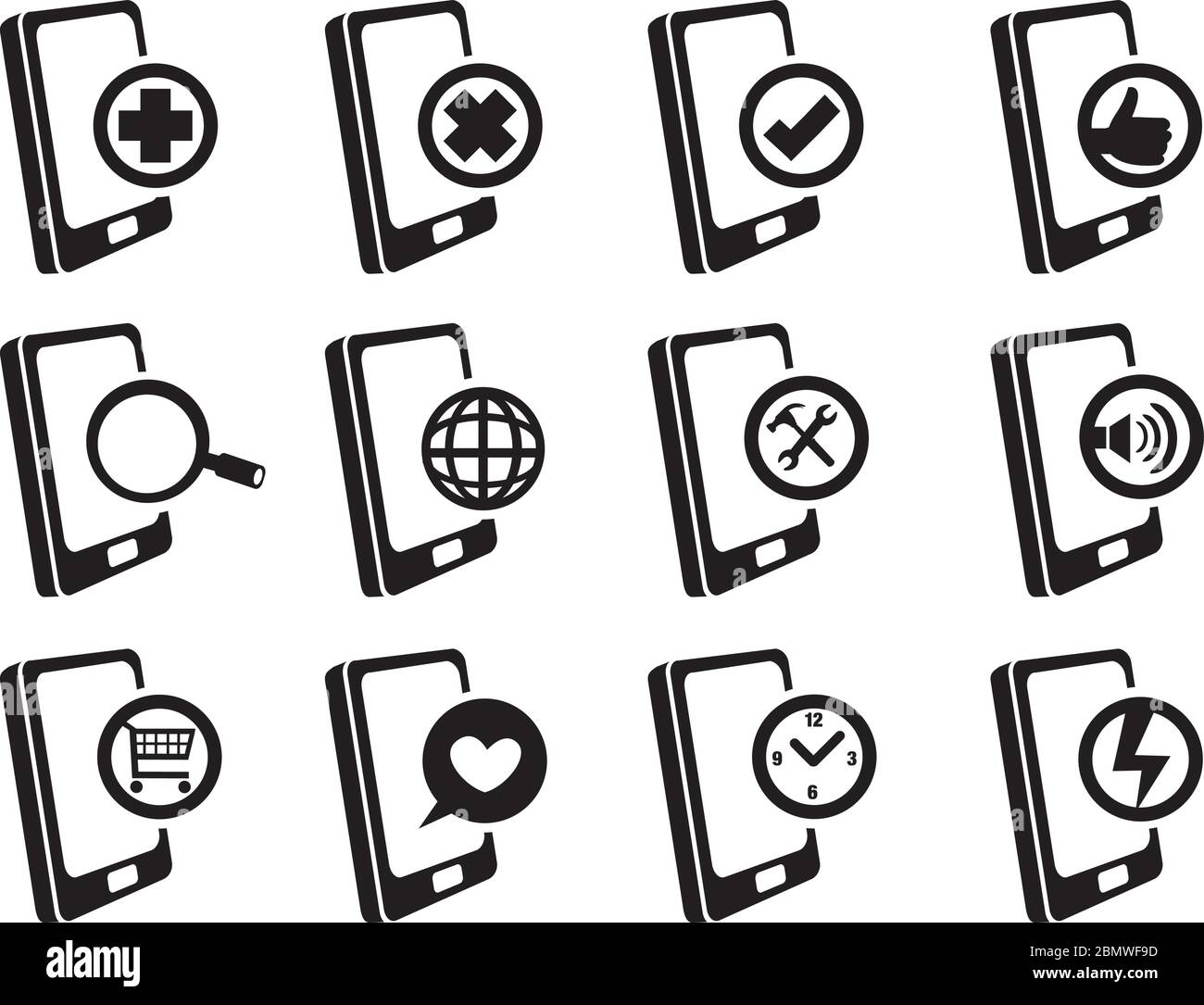 Hand phones with internet and web symbols for different software ...