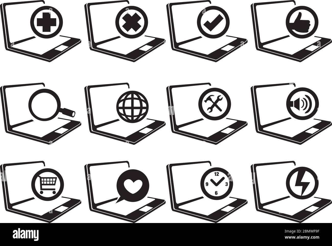 Internet web symbols in circle on laptop computers in tilted angle view ...